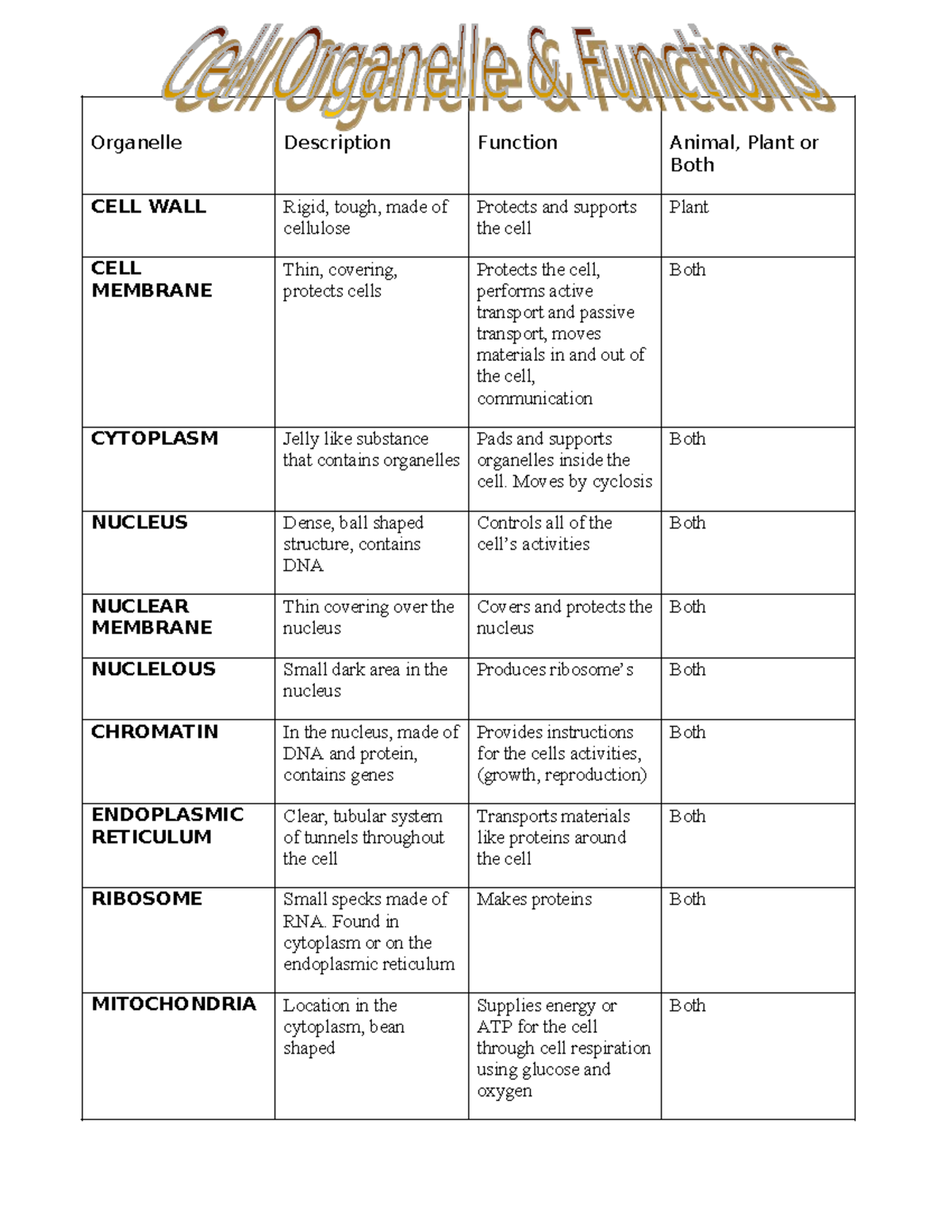 Cell Organelles Worksheet new - Organelle Description Function Animal ...