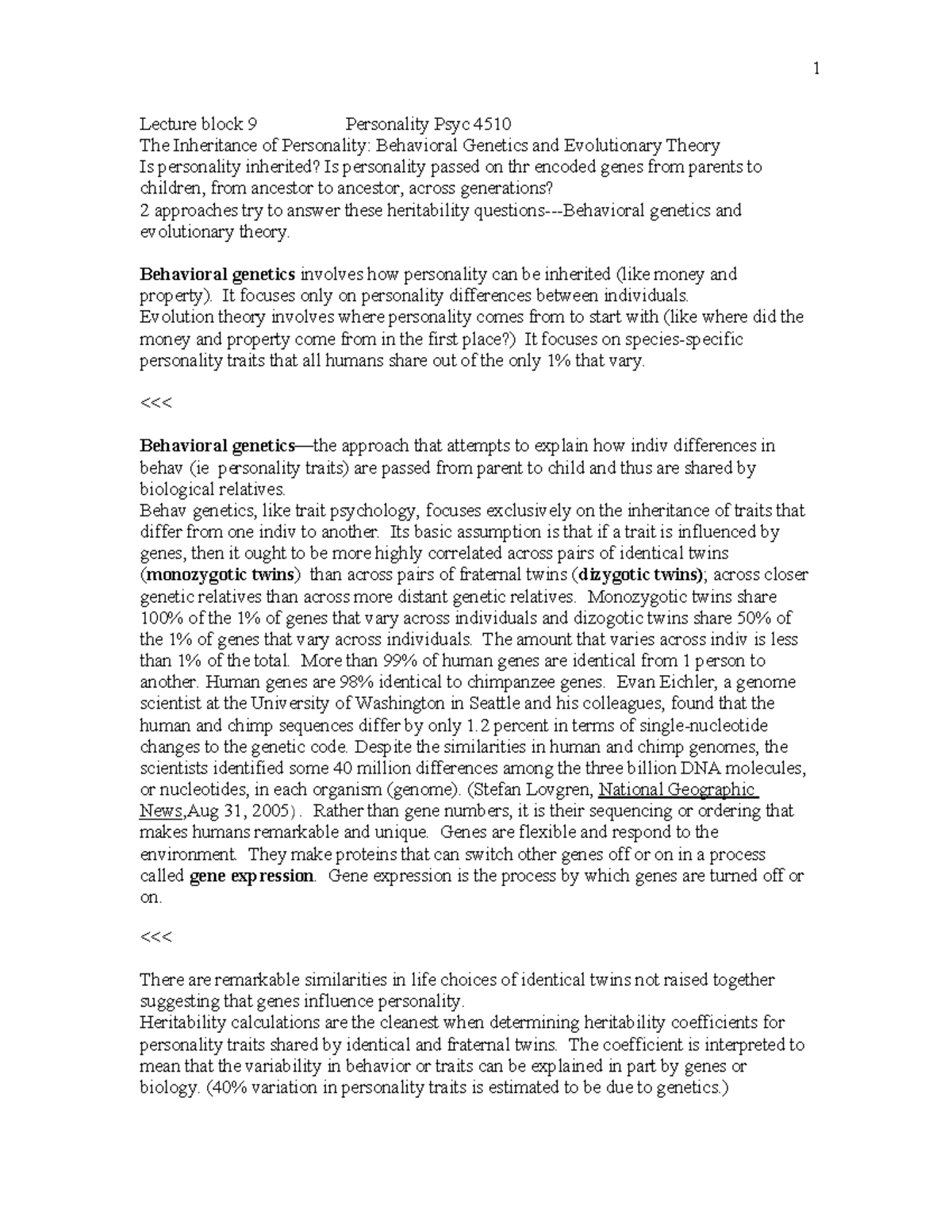 4510 Ch9 Behavioral Genetics Evol Theory - Lecture block 9 Personality ...