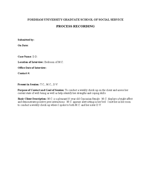 NURS 3381 Psychiatric Nursing homework - Process Recording Sample ...