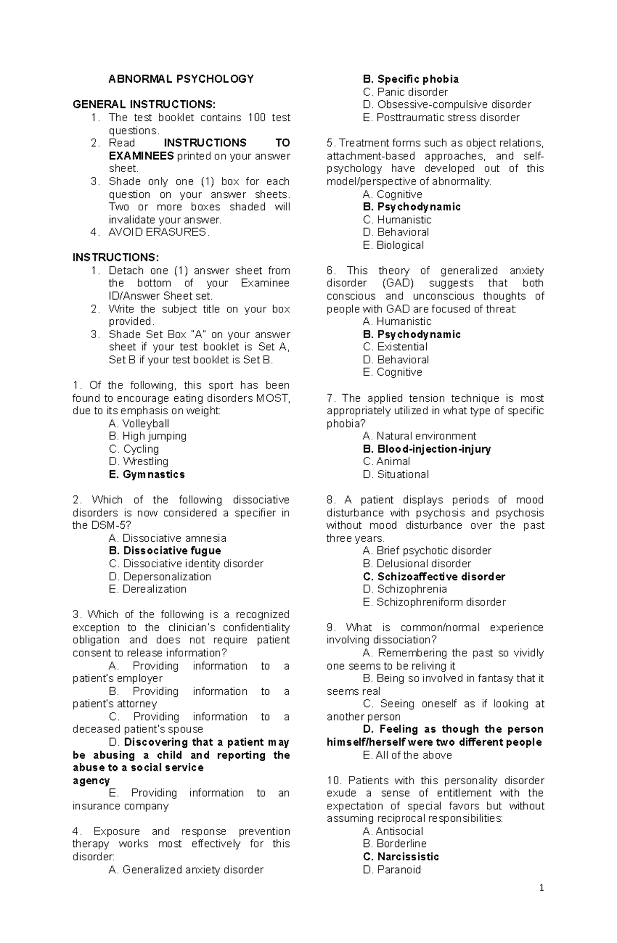 Ab psych (dns) - ABNORMAL PSYCHOLOGY GENERAL INSTRUCTIONS: The test ...