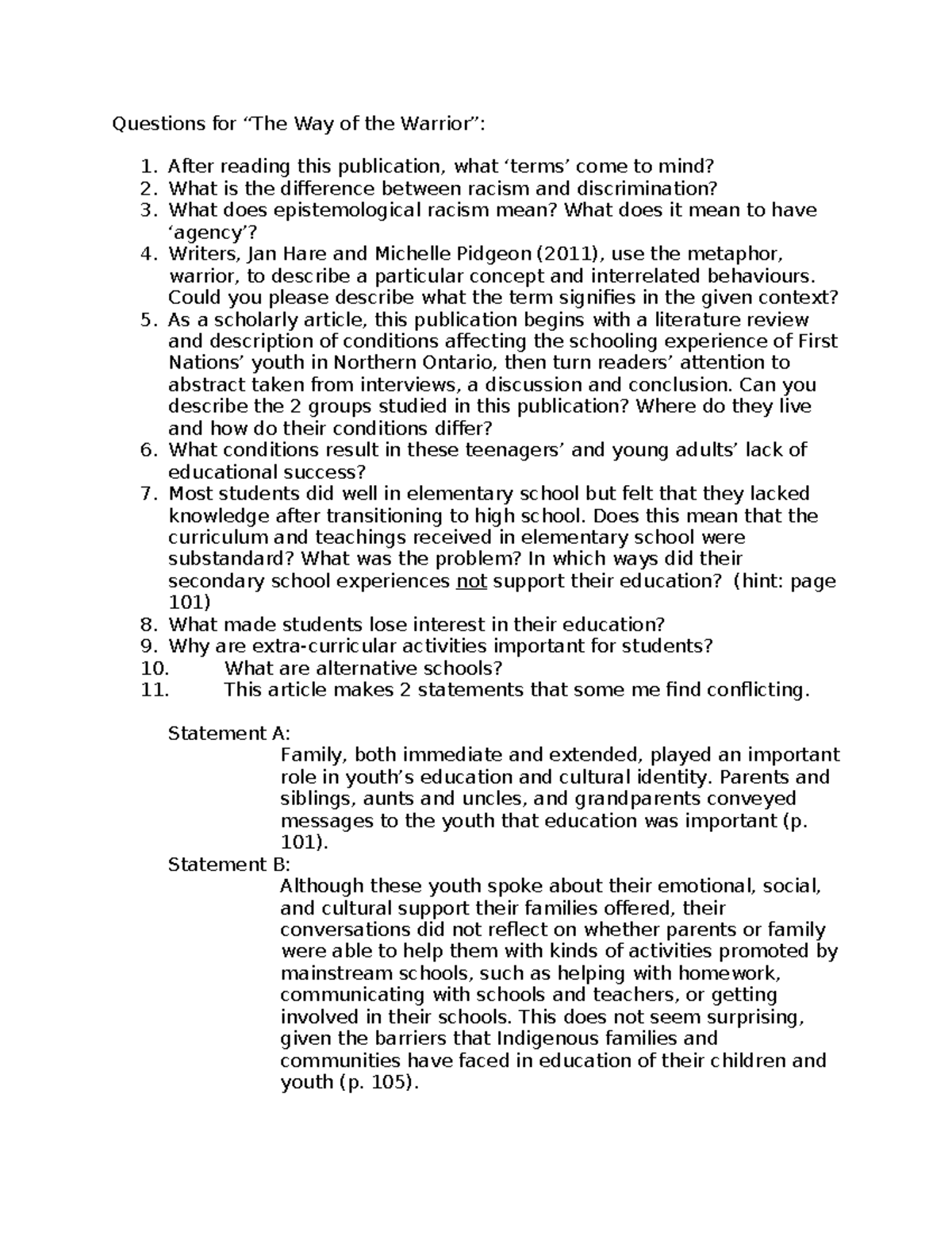 Questions for THE WAY OF THE Warrier - Questions for “The Way of the ...