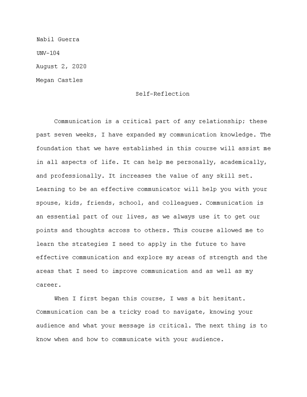 Nabil Guerra Self Reflection Essay UNV 104 - Nabil Guerra UNV- August 2 ...