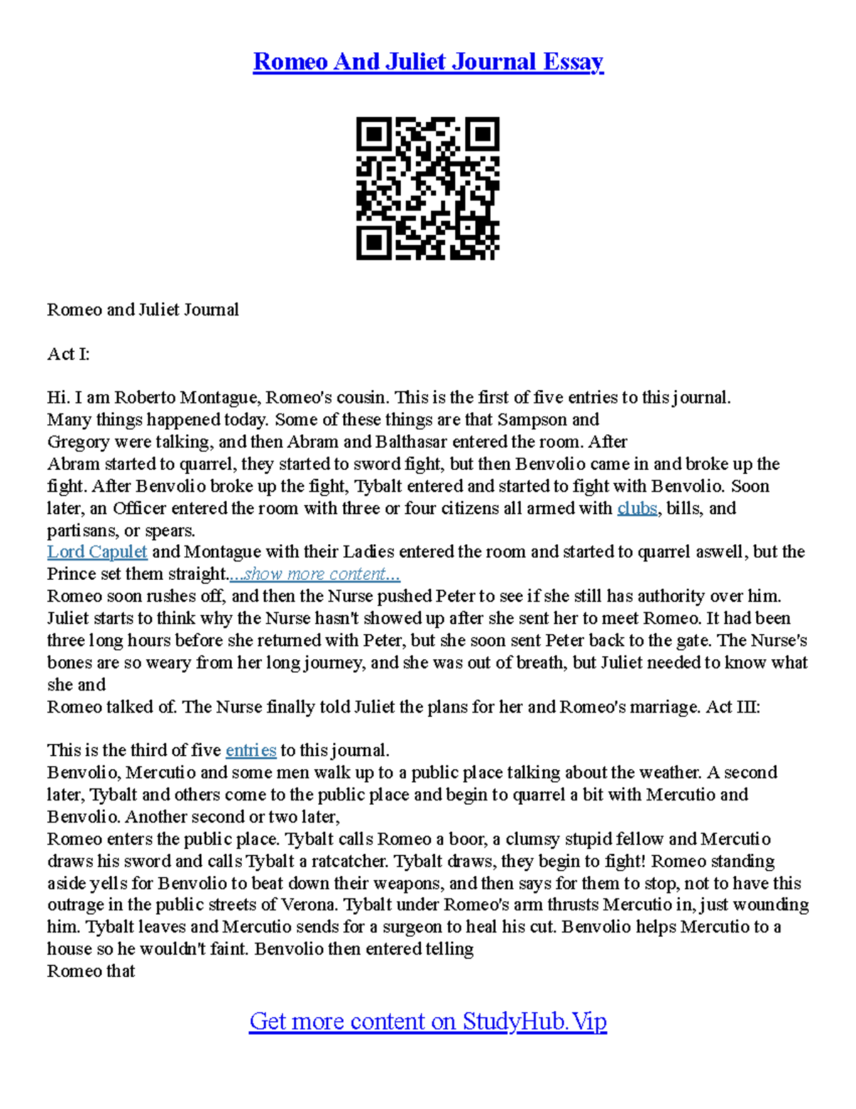 Essays On Romeo And Juliet - Romeo And Juliet Journal Essay Romeo and ...