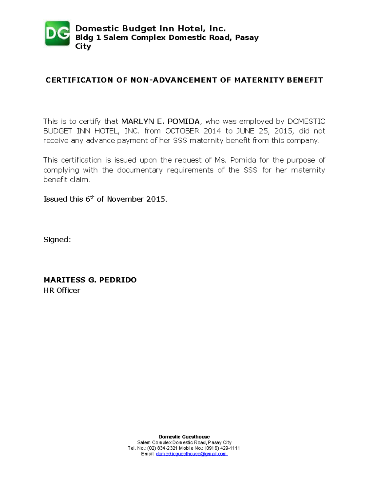 Certification-SSS Non Advancement of Maternity Benefit-Marlyn Pomida ...