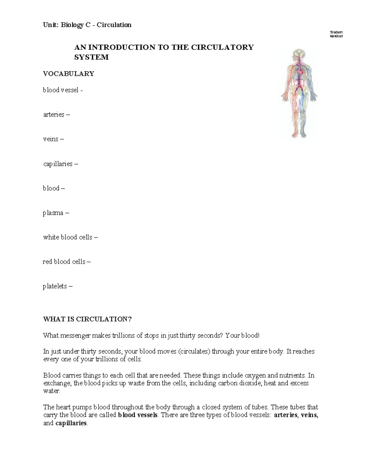 Circulatory System Worksheet - Unit: Biology C - Circulation Student ...