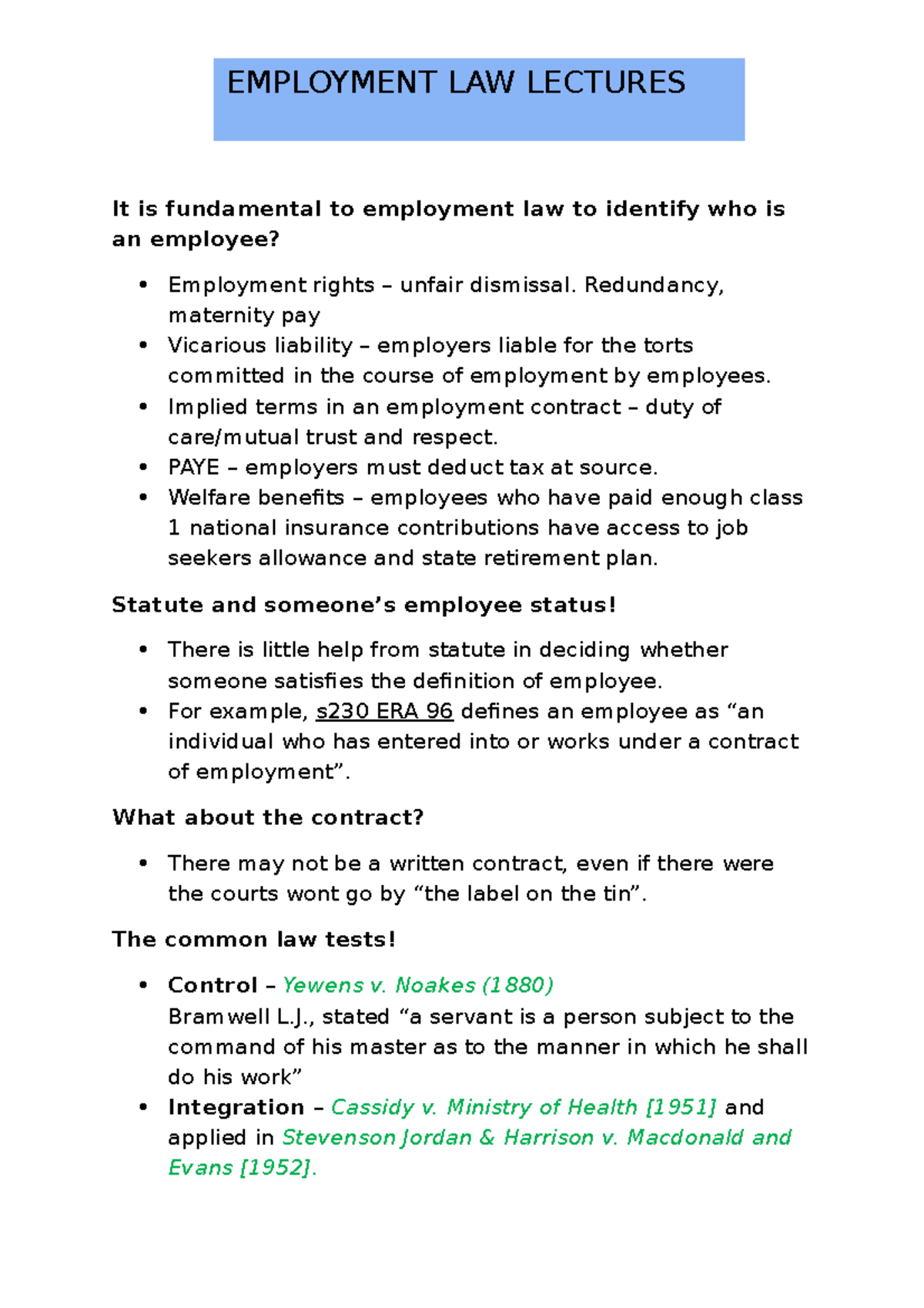 Employemt law lecture - half of first term notes - It is fundamental to ...
