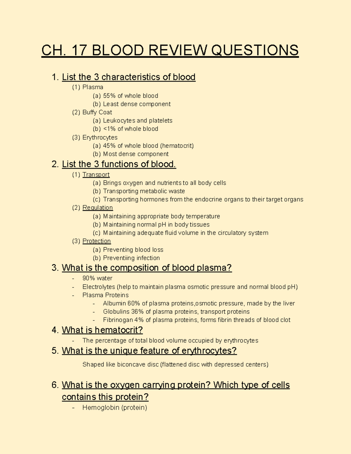 CH. 17 Review BIOL 1162 - CH. 17 BLOOD REVIEW QUESTIONS 1. List the 3 ...
