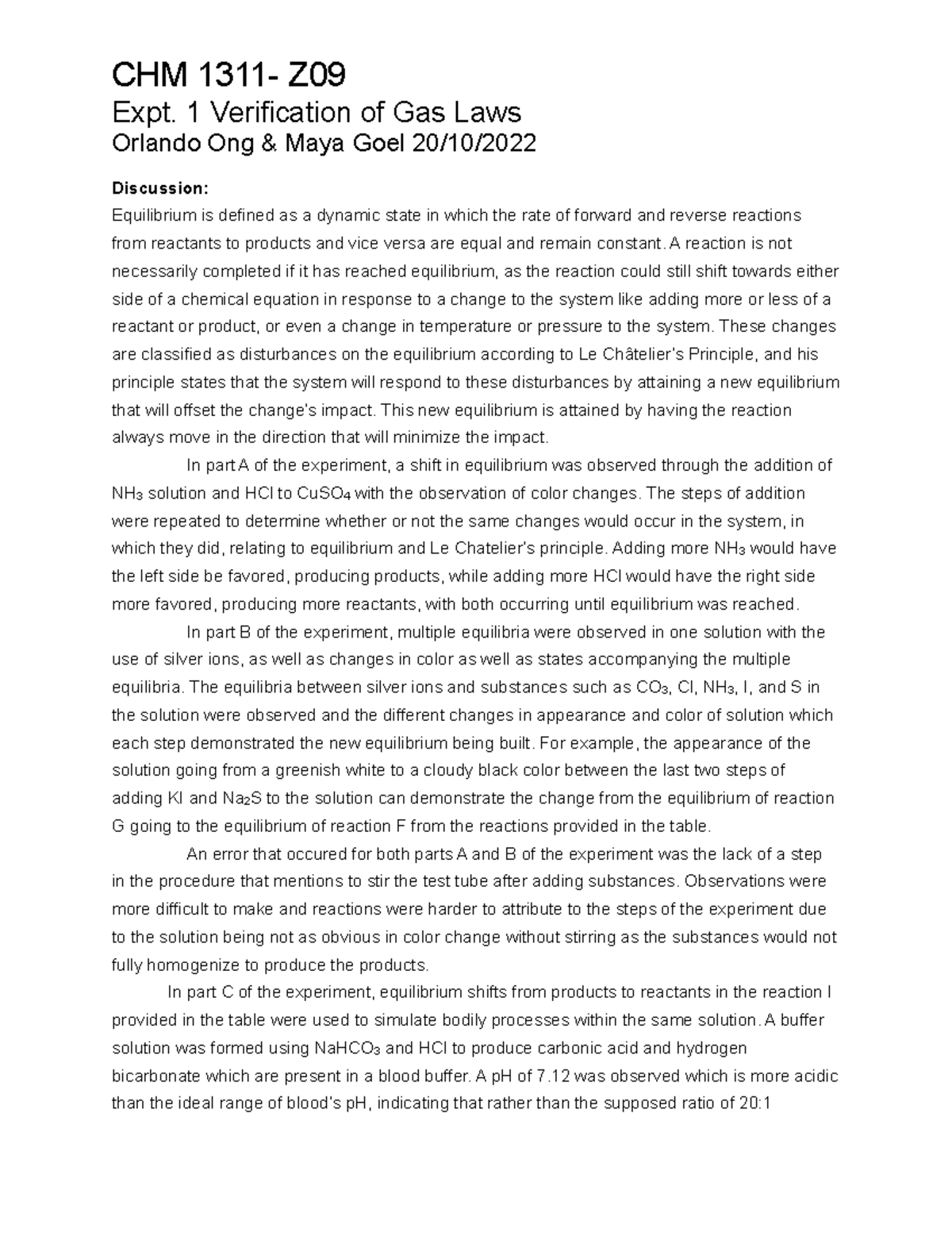 Expt.3 discussion - CHM 1311- Z Expt. 1 Verification of Gas Laws ...