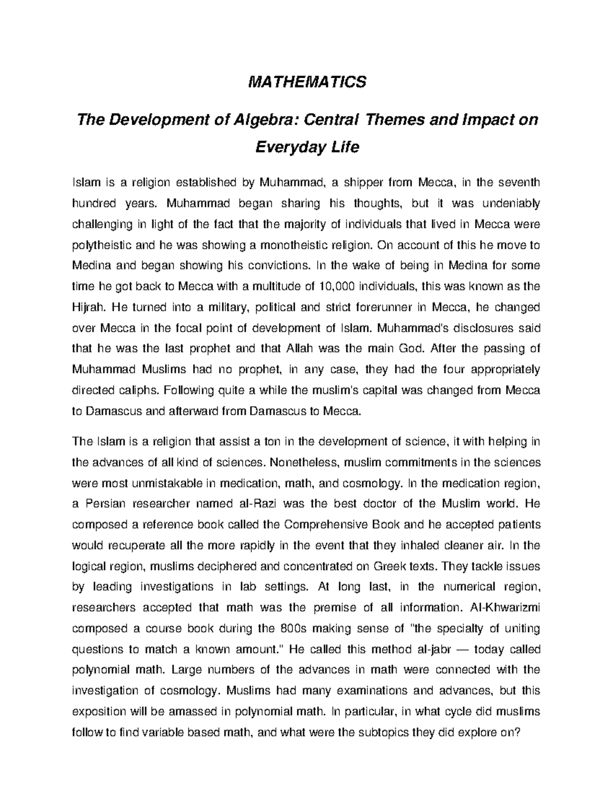 The Development of Algebra Central Themes and Impact on Everyday Life ...