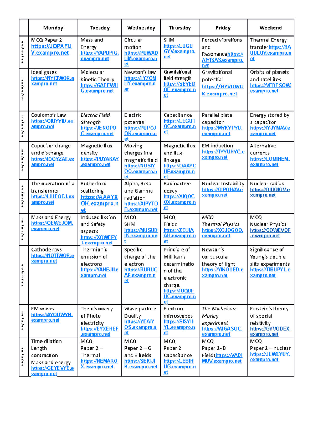 Physics-revision-timetable - Monday Tuesday Wednesday Thursday Friday ...