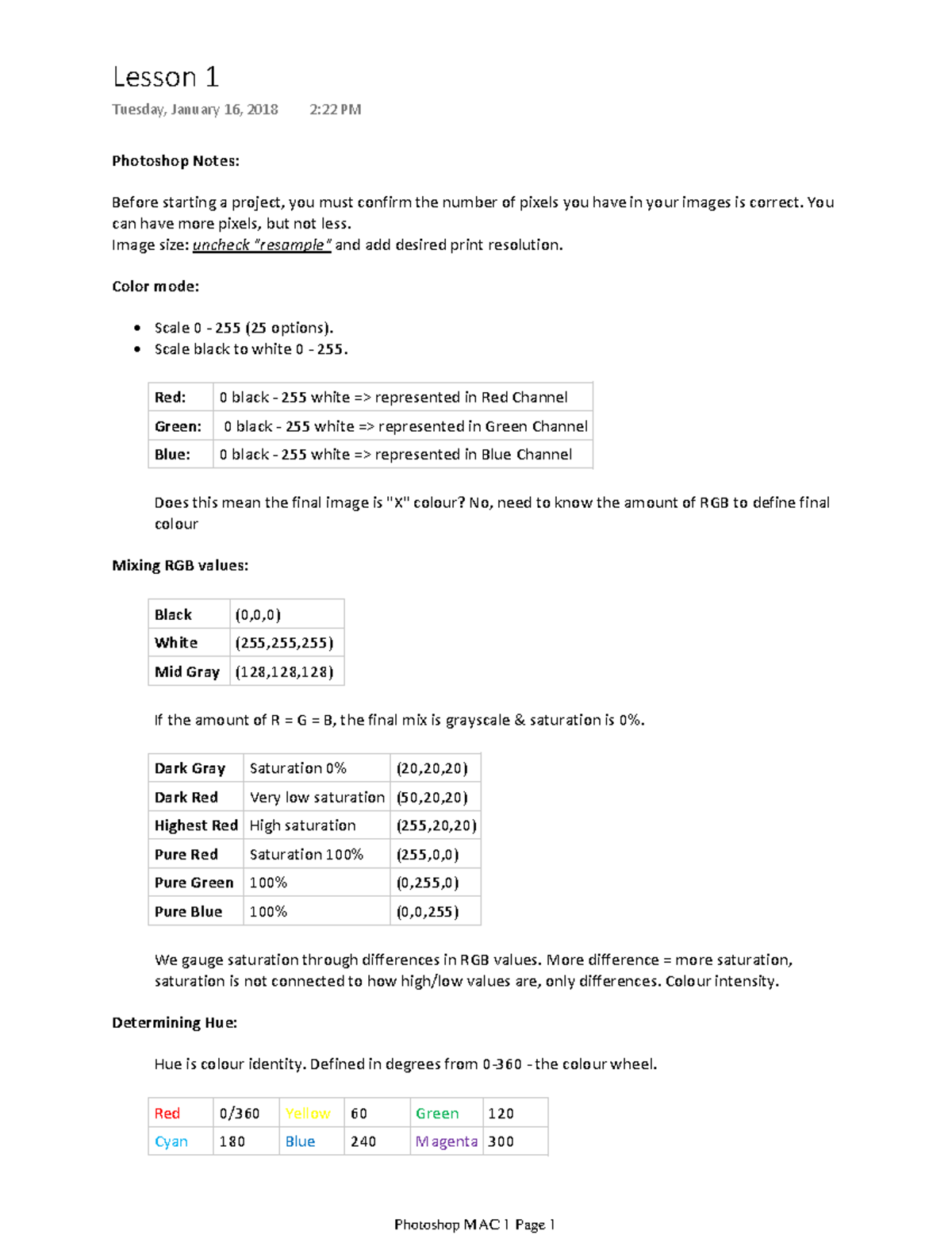 Photoshop MAC 1 - Lecture notes 1-6 - Lesson 1 Tuesday, January 16 ...