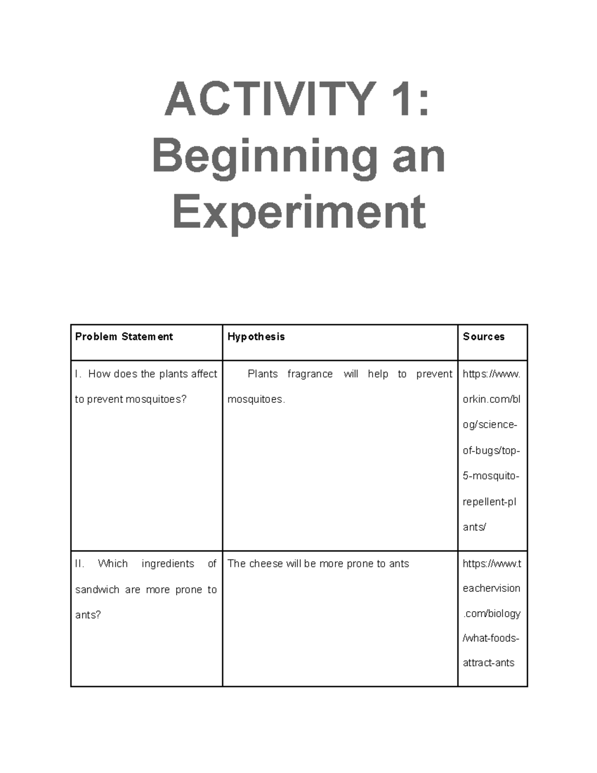 Scientific Experiment about Plants - ACTIVITY 1: Beginning an ...