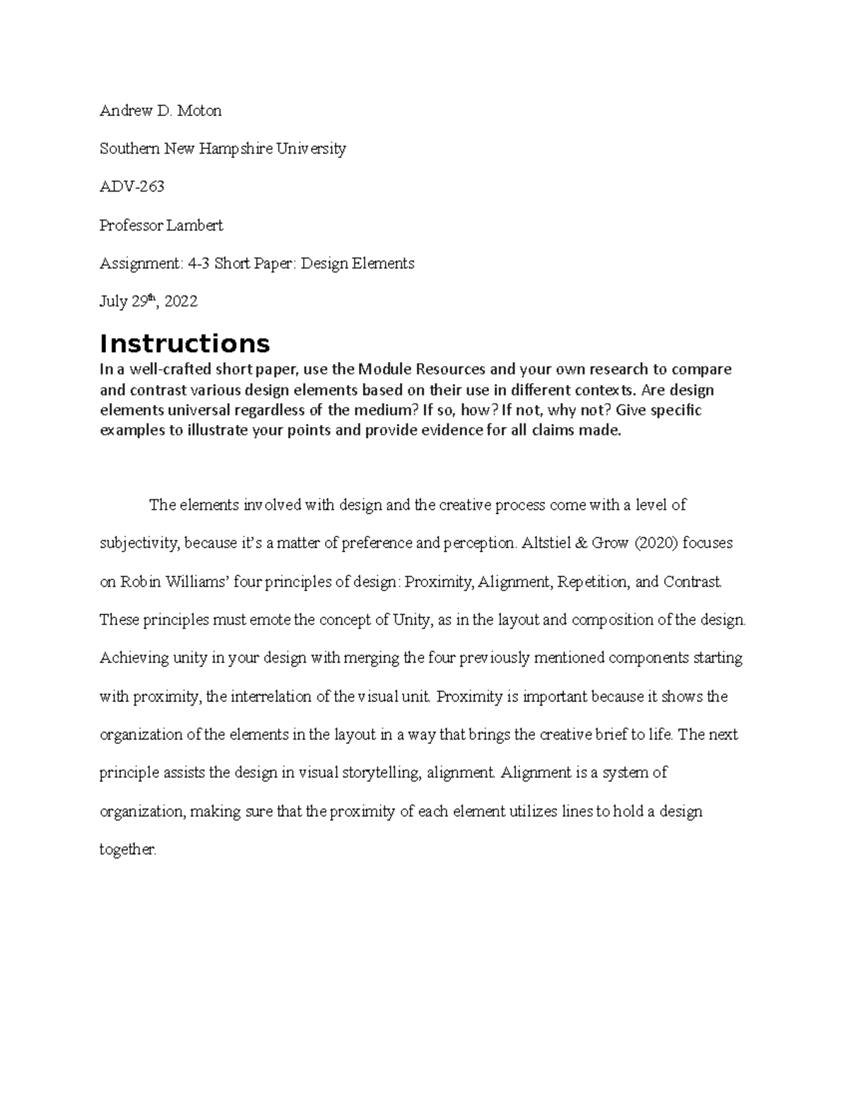 ADV 263 4-3 Short Paper Design Elements - Andrew D. Moton Southern New ...