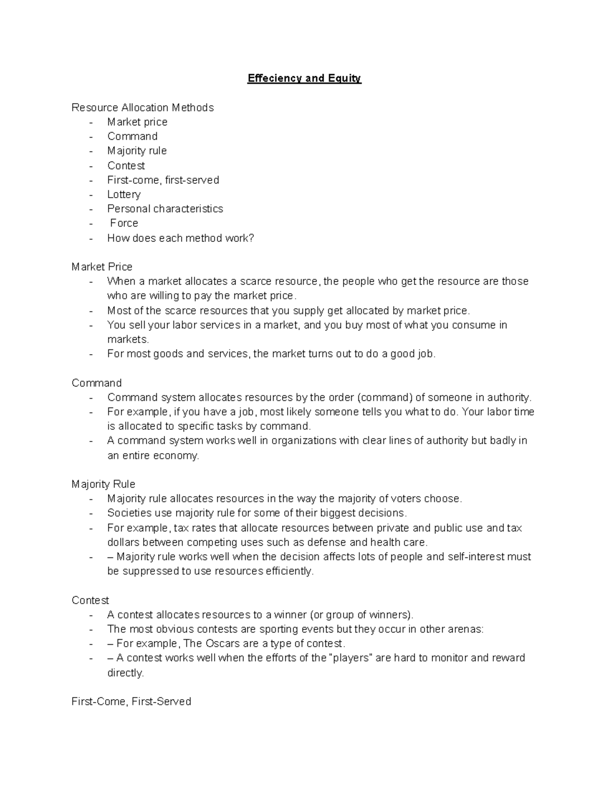 Chapter 5 Lecture - Effeciency and Equity Resource Allocation Methods Market price Command ...