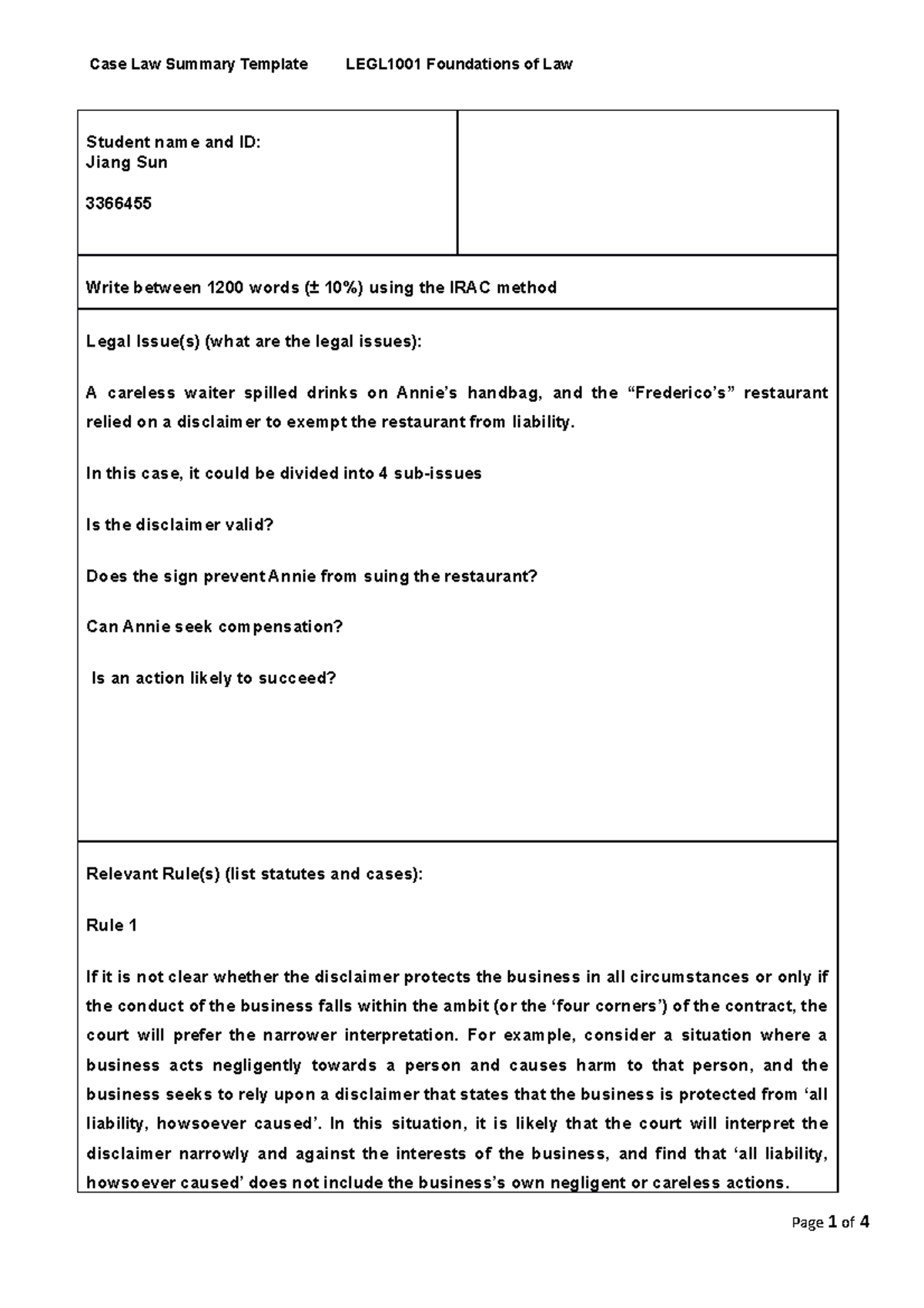 Case Law Summary Template 2 - Student name and ID: Jiang Sun 3366455 ...