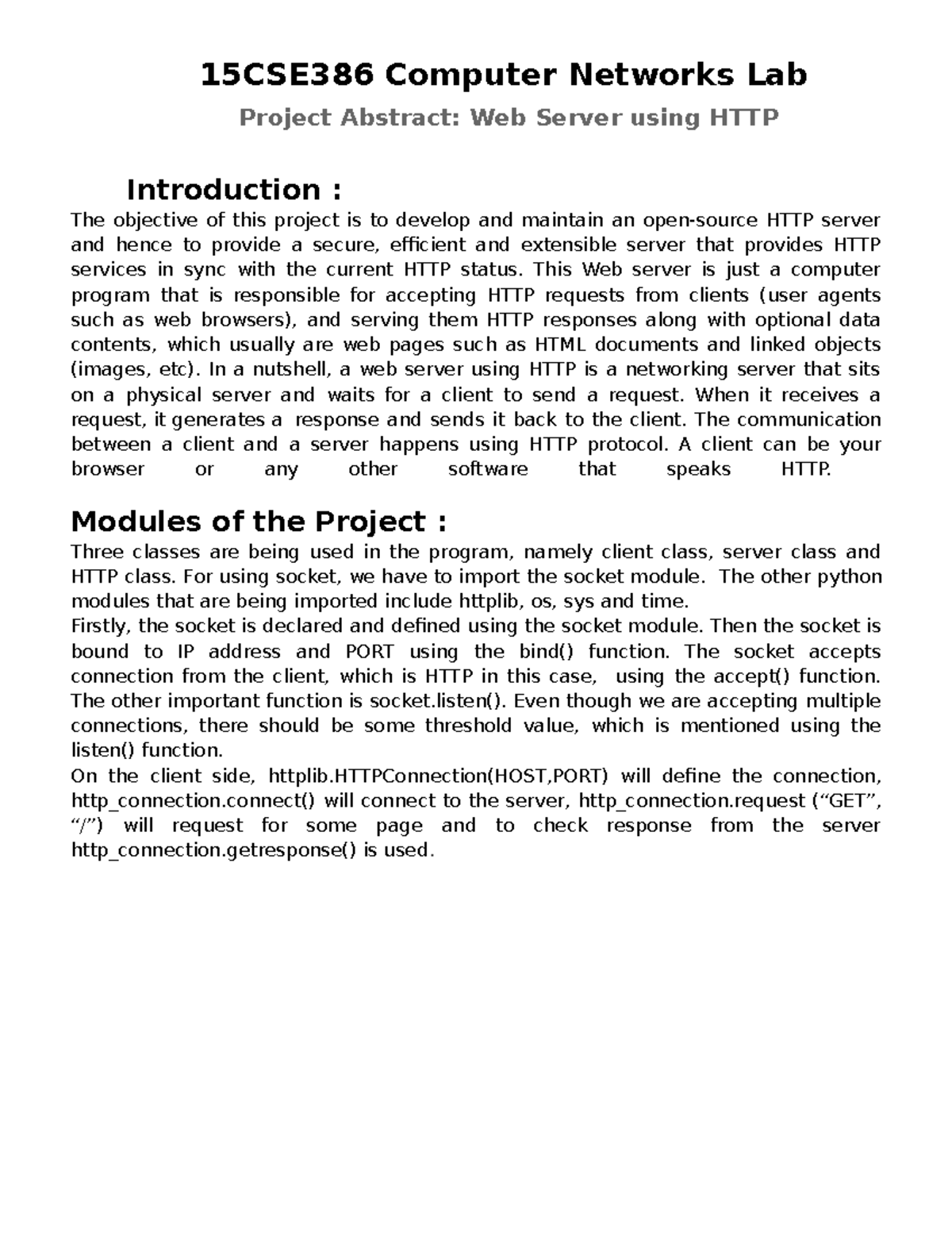 15CSE386 Computer Networks Lab Project Web Server using HTTP - 15CSE386 ...