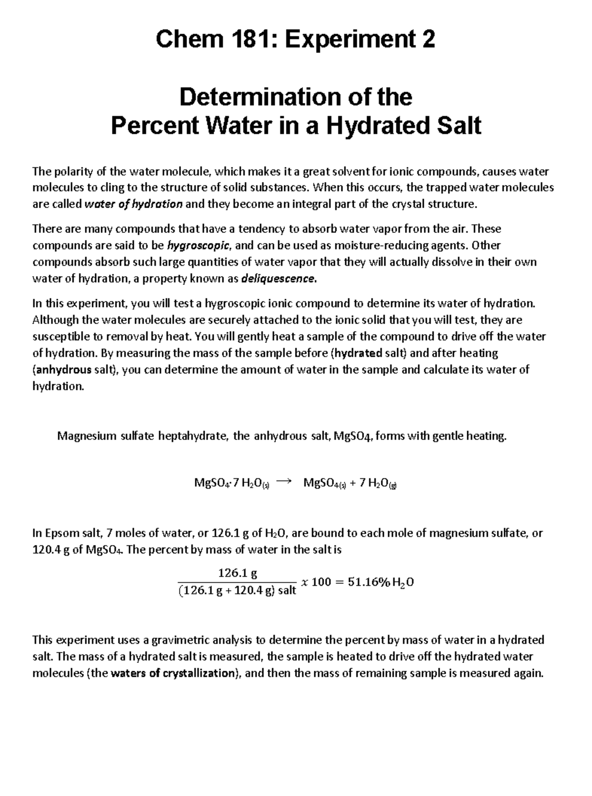 Chem 181 #2 Determination of the Percent Water in a hydrated Salt fall ...