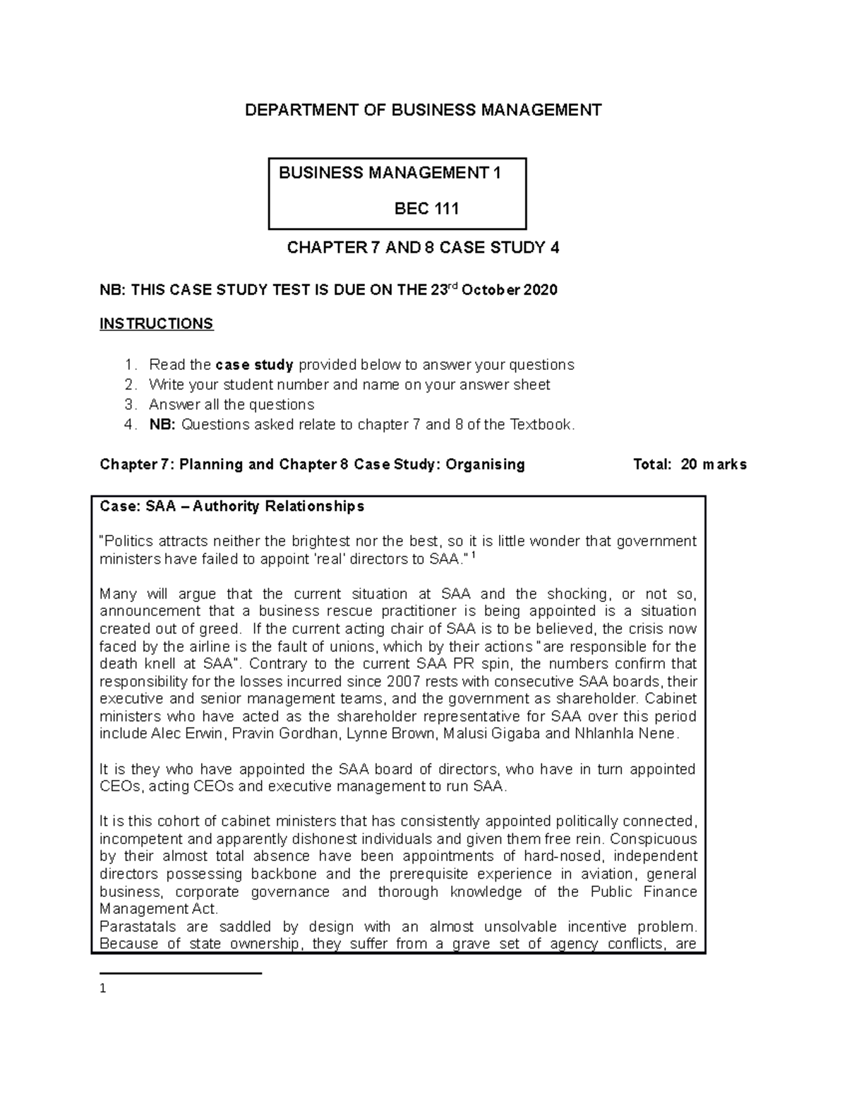 Case study 4 chapter 7 and 8 - DEPARTMENT OF BUSINESS MANAGEMENT CHAPTER 7 AND 8 CASE STUDY 4 NB ...