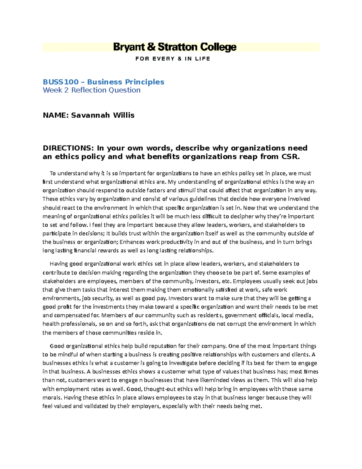 Business week 2 reflection question - BUSS100 – Business Principles ...