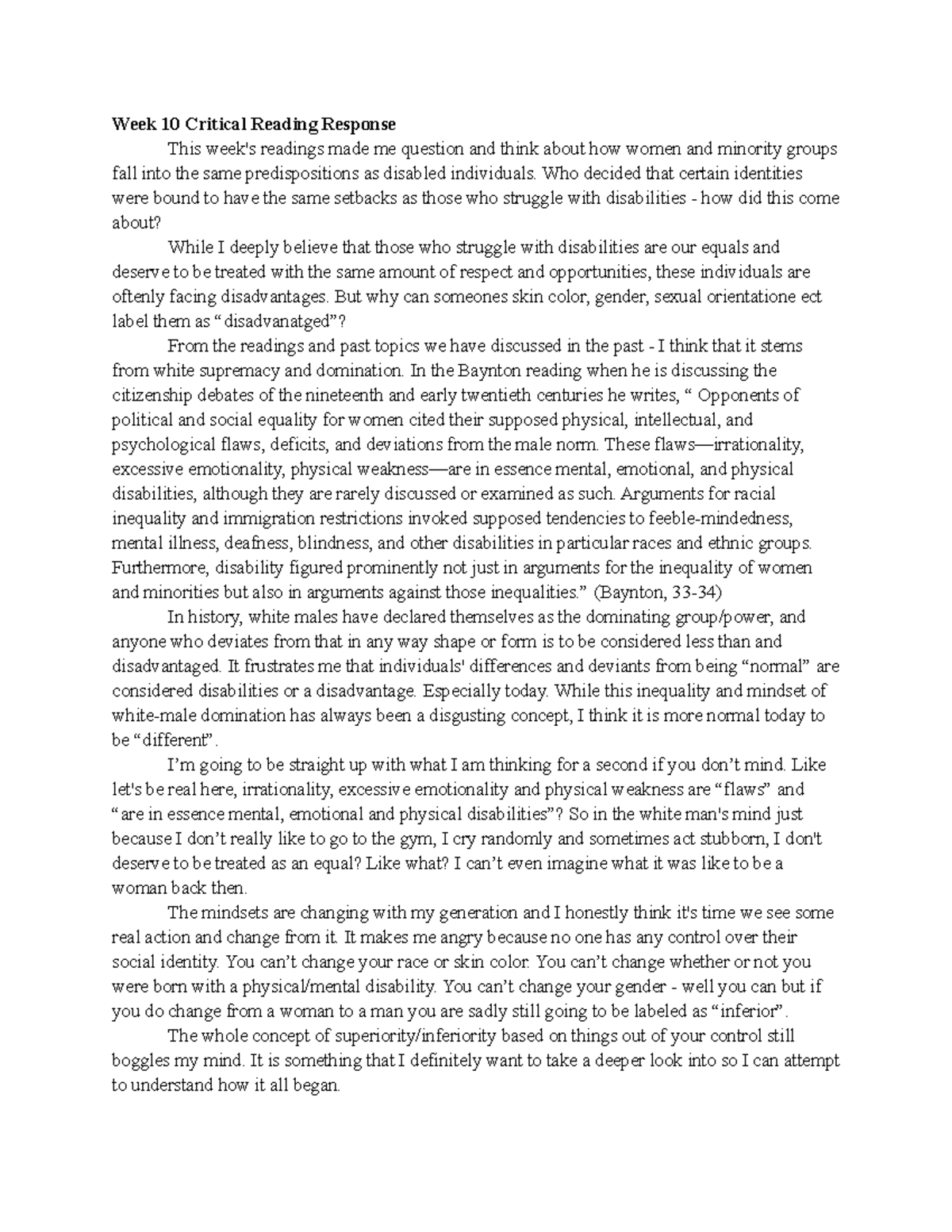 Week 10 Reading Response - Week 10 Critical Reading Response This week ...