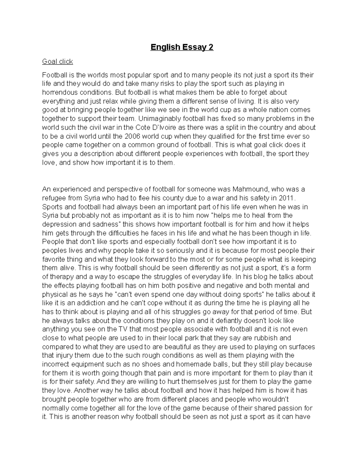 English Essay 2 - eng - English Essay 2 Goal click Football is the ...