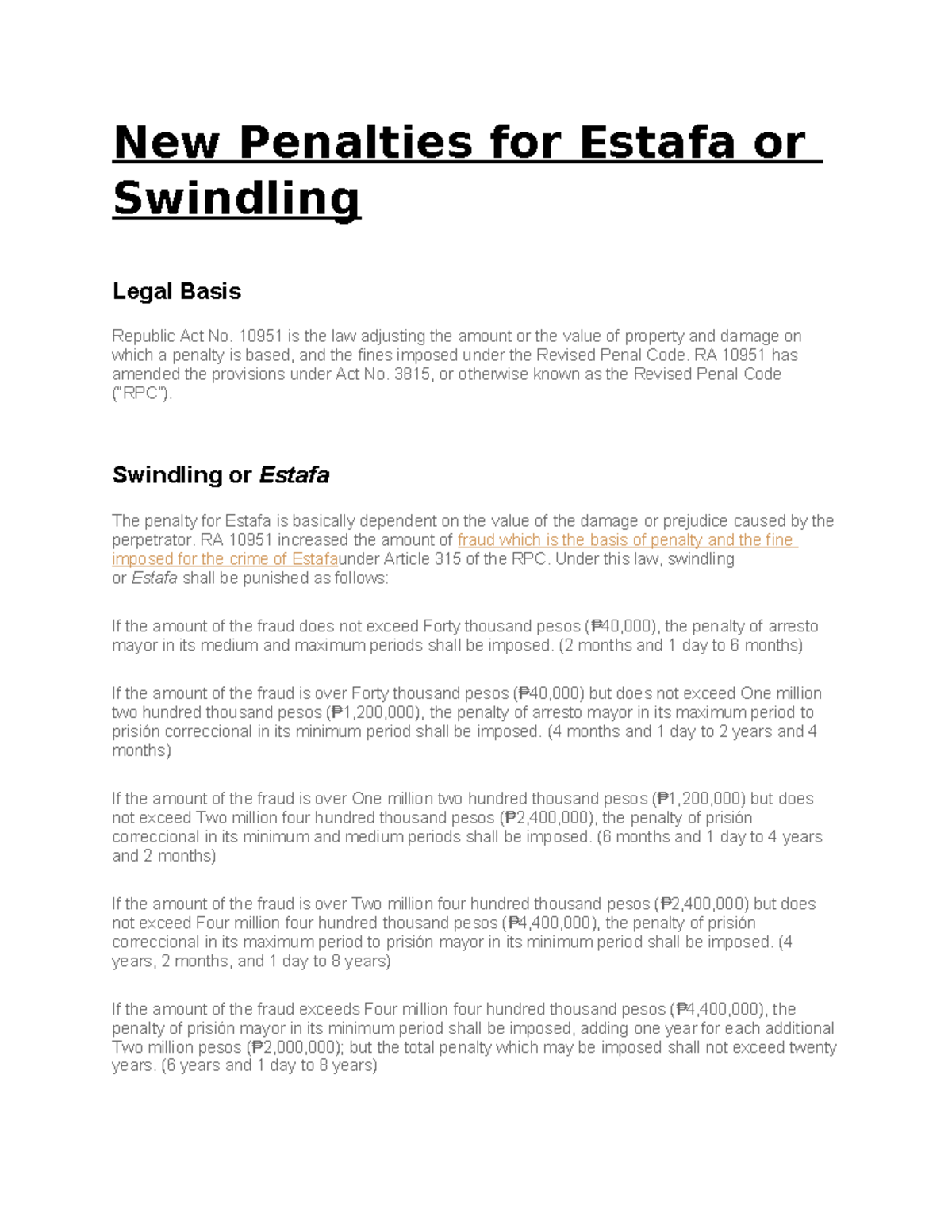 New Penalties for Estafa or Swindling - New Penalties for Estafa or ...