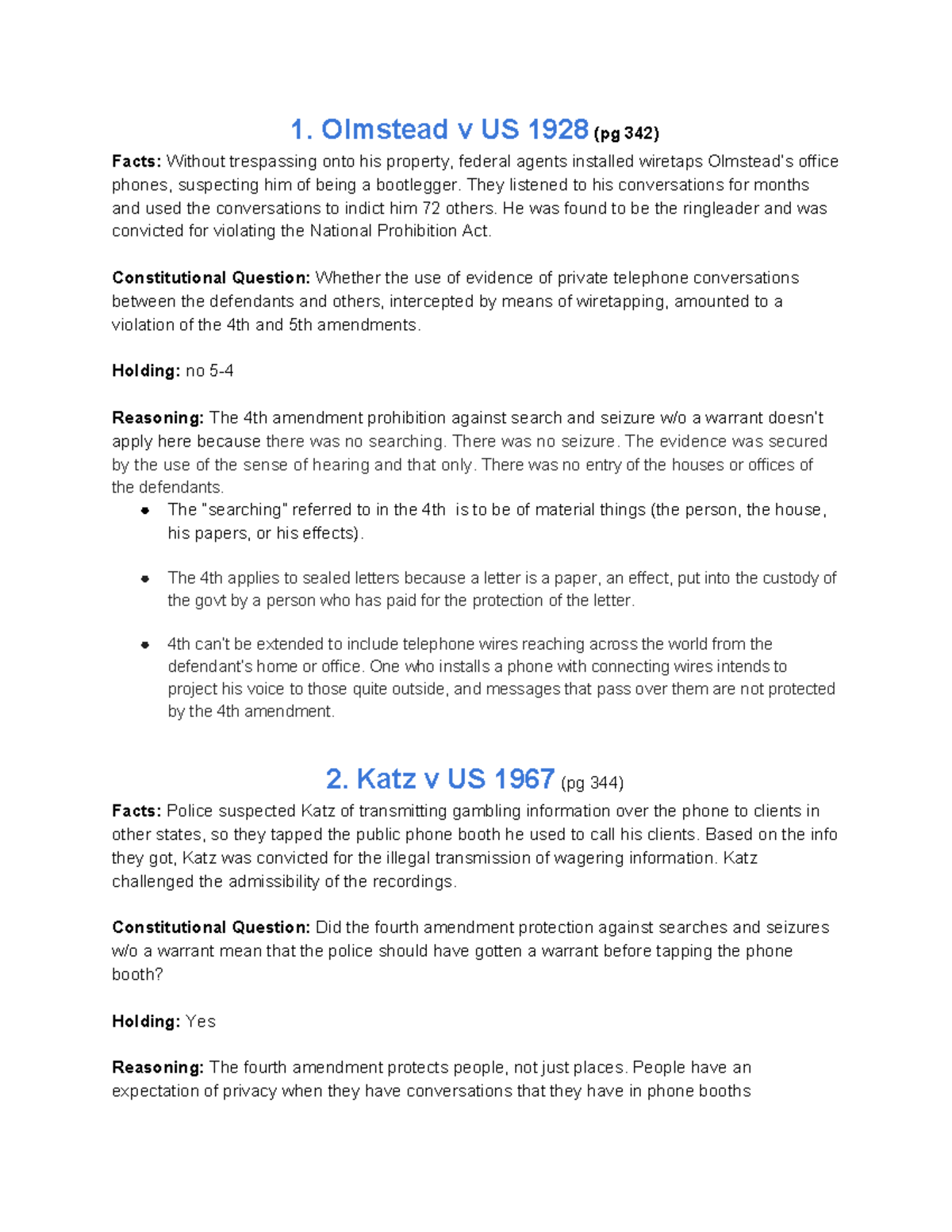 POL Exam 4 casebriefs: Supreme Court Cases - 1. Olmstead v US (pg 342 ...