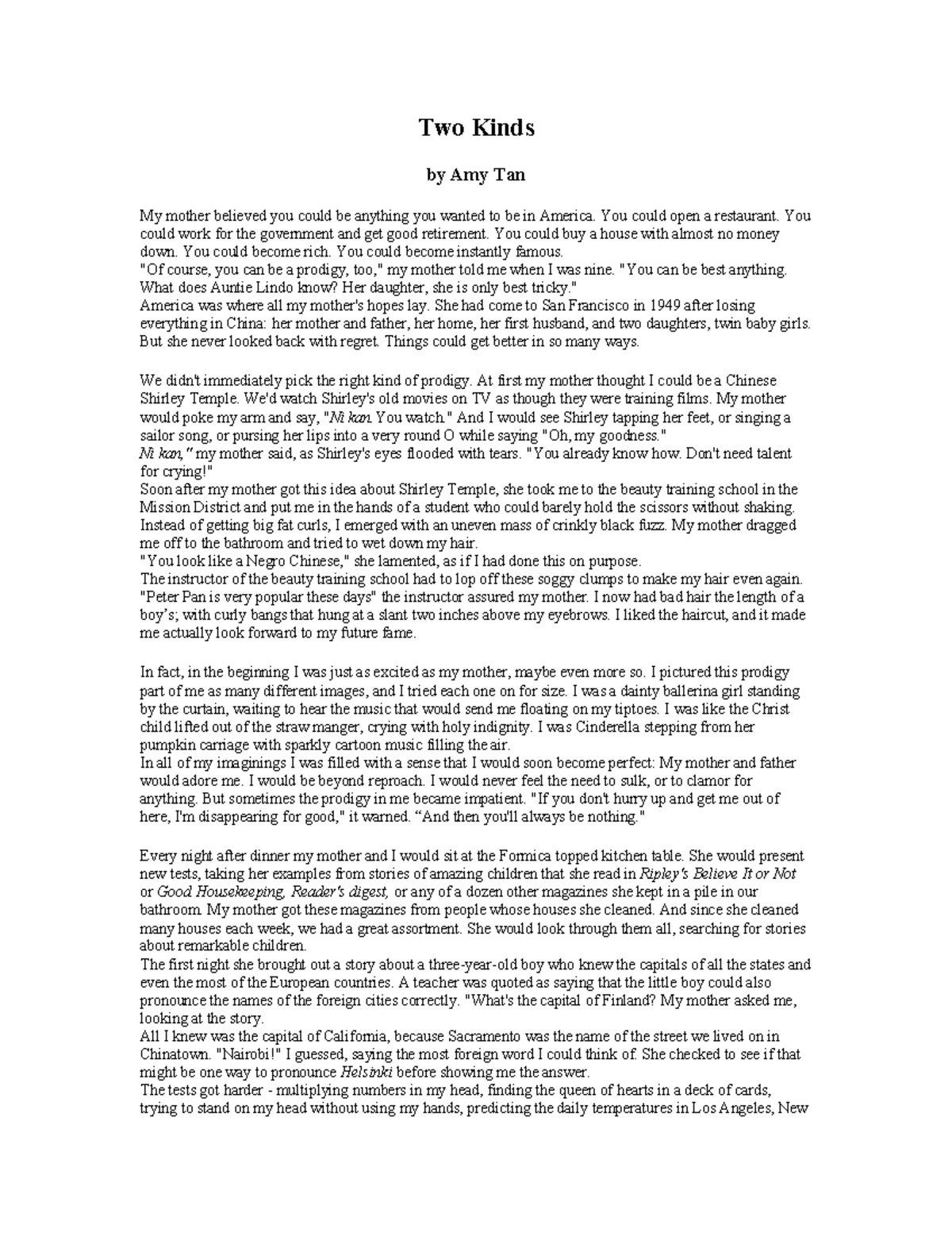 Two Kindsfulltext - Prof. Penny Mamais - Two Kinds Amy Tan My mother ...