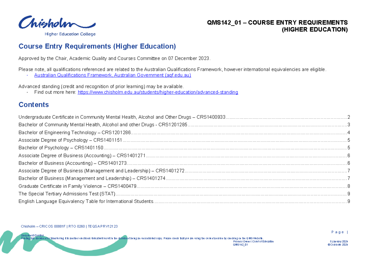 QMS142 01 Course Entry Requirements (Higher Education) - QMS142_01 ...