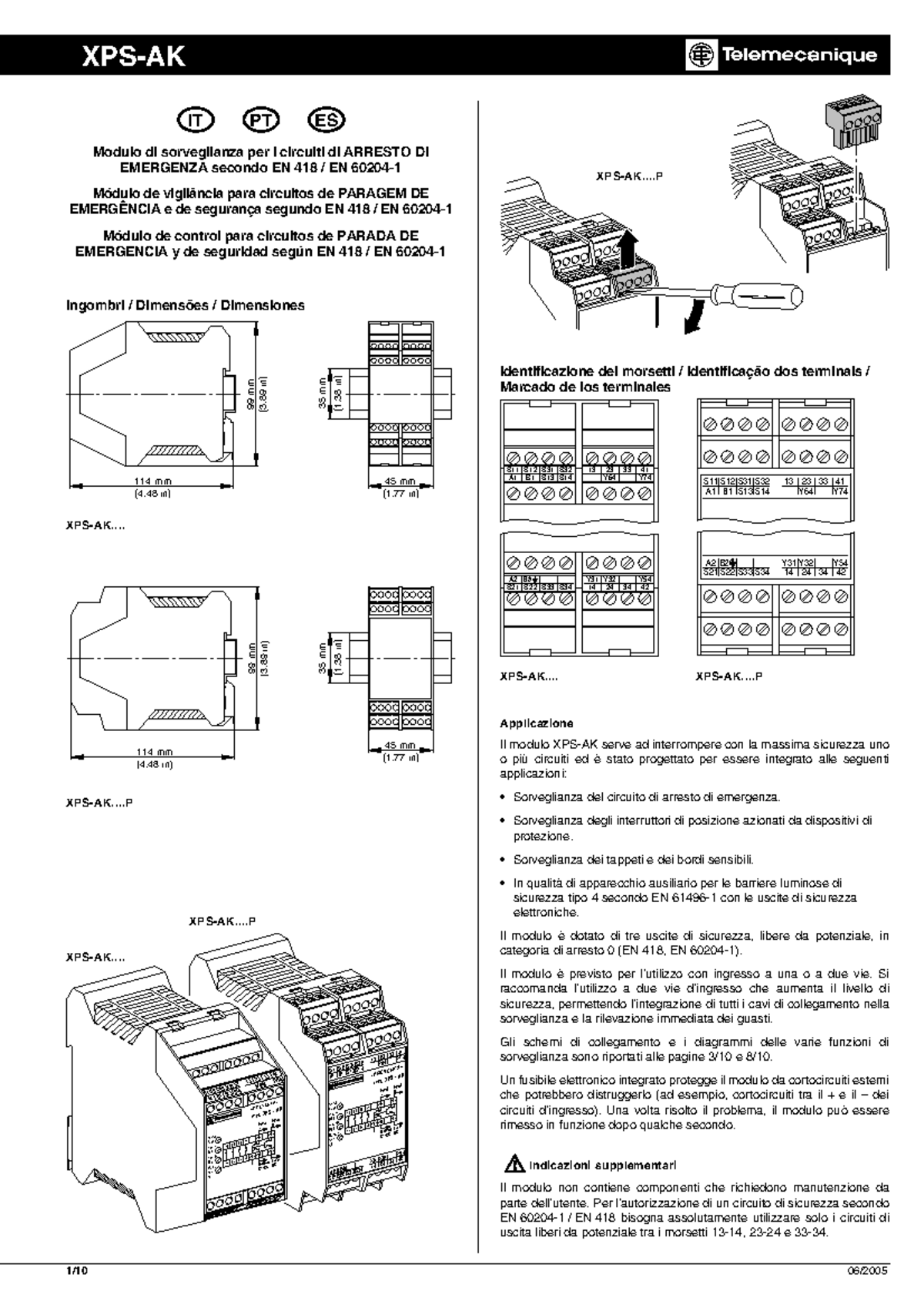 Módulo XPS - AK - Es exelente - Ingombri / Dimensões / Dimensiones Identificazione dei morsetti ...