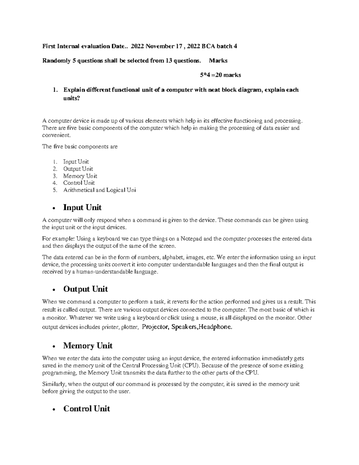 Computer fundamentals - First Internal evaluation Date.. 2022 November 17 , 2022 BCA batch 4 ...