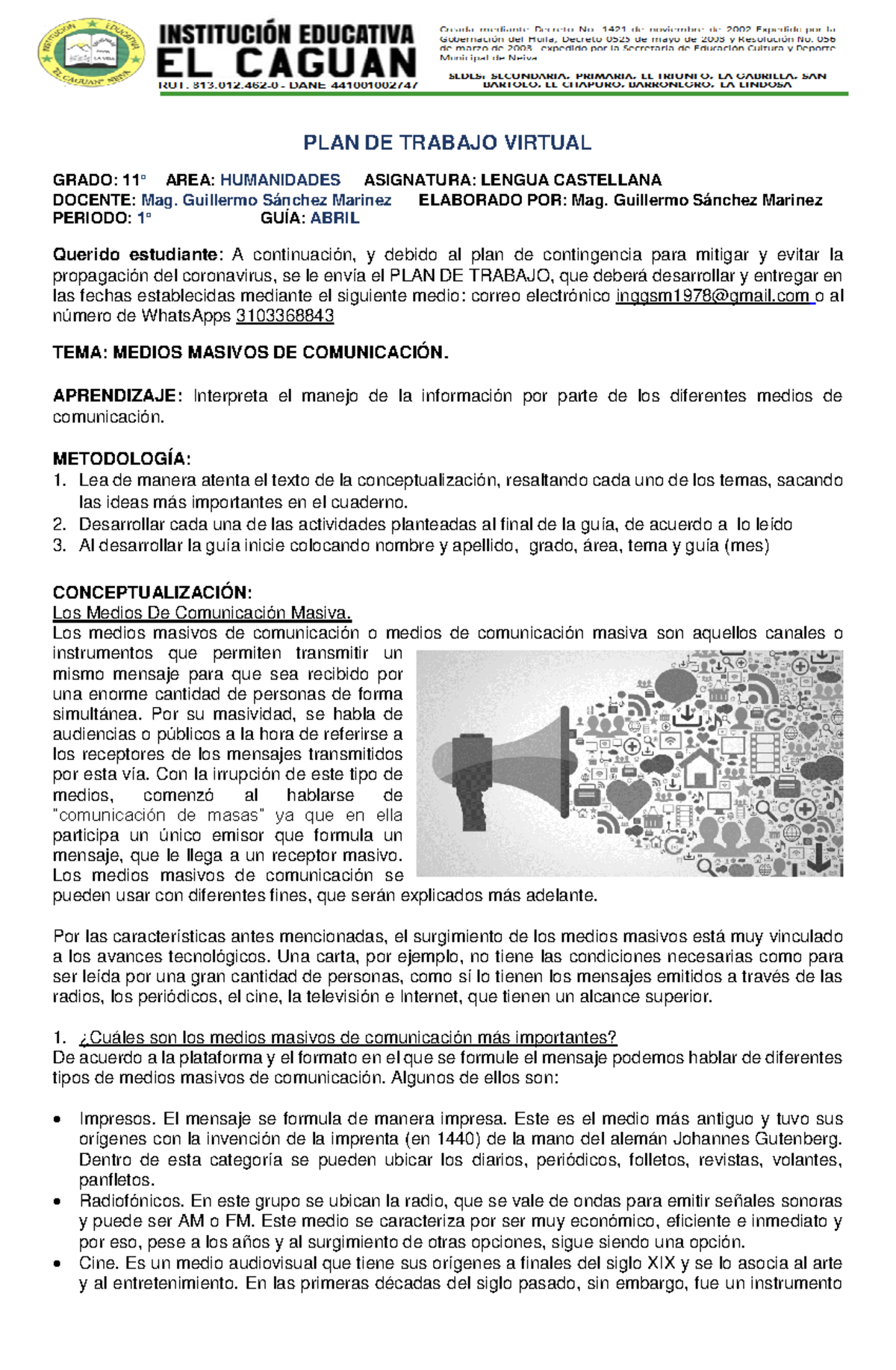 Undécimo Guillermo Sánchez Castellano GUIA Abril - PLAN DE TRABAJO ...