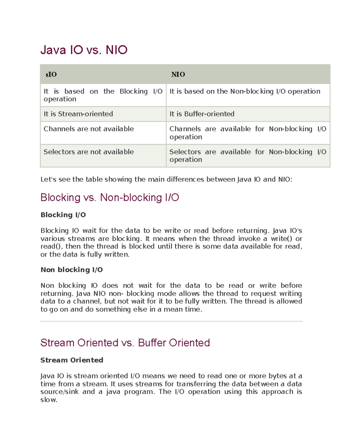 Java IO vs NIO - Lecture notes - Java IO vs. NIO sIO NIO It is based on ...
