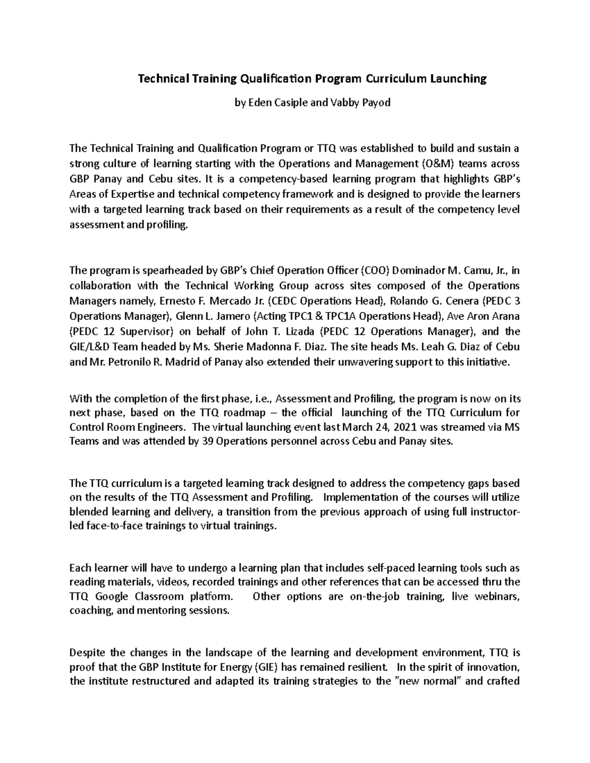 JLBU TTQ Curriculum Launching Article for Global Torch - Technical ...