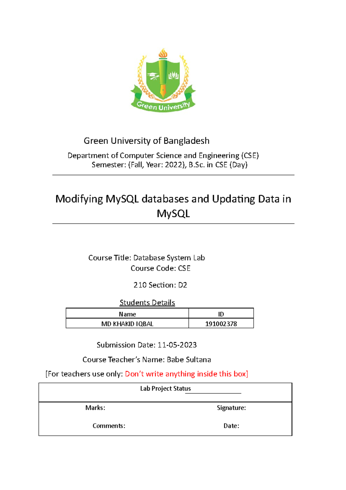 Database lab 2 - Green University of Bangladesh Department of Computer ...