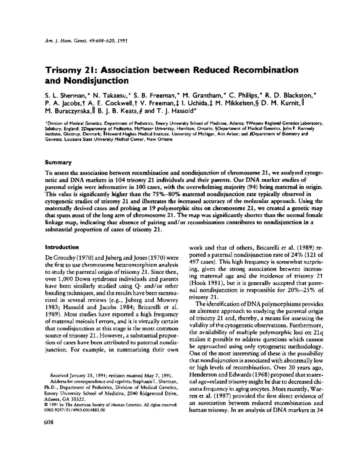 Ajhg00080-0106 - genetics - Am. J. Hum. Genet. 49:608-620, 1991 Trisomy ...