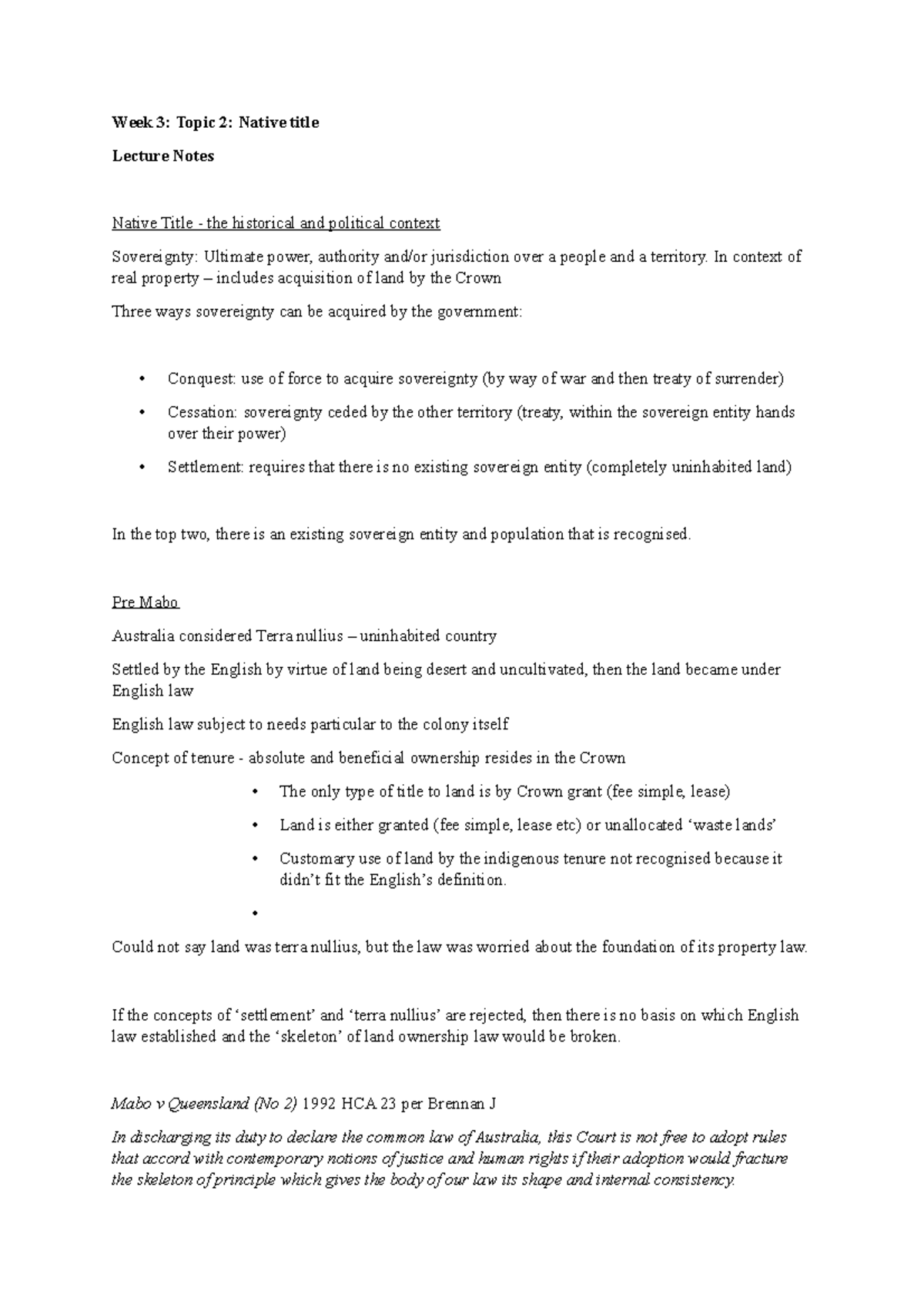 Native Title Topic Lecture Notes Week 3 - Week 3: Topic 2: Native title ...