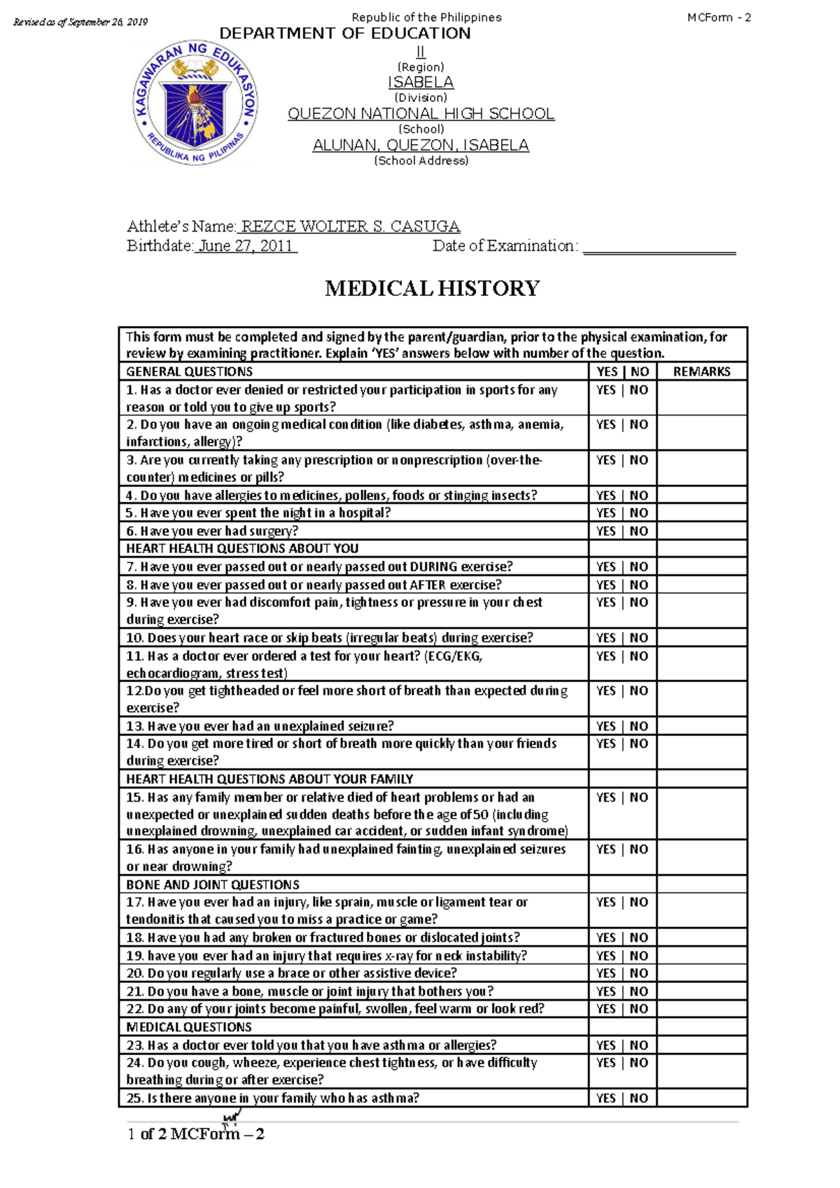 Casuga - dhdhf - Athlete’s Name: REZCE WOLTER S. CASUGA Birthdate: June ...