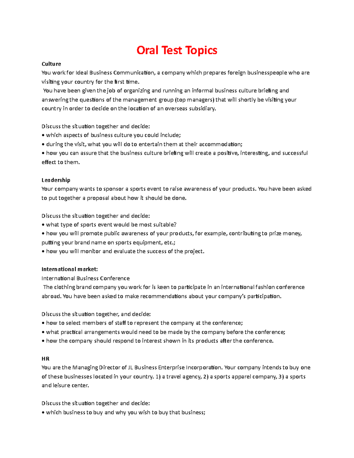 Speaking Topics u7-u12 Market Leader Inter - Oral Test Topics Culture ...