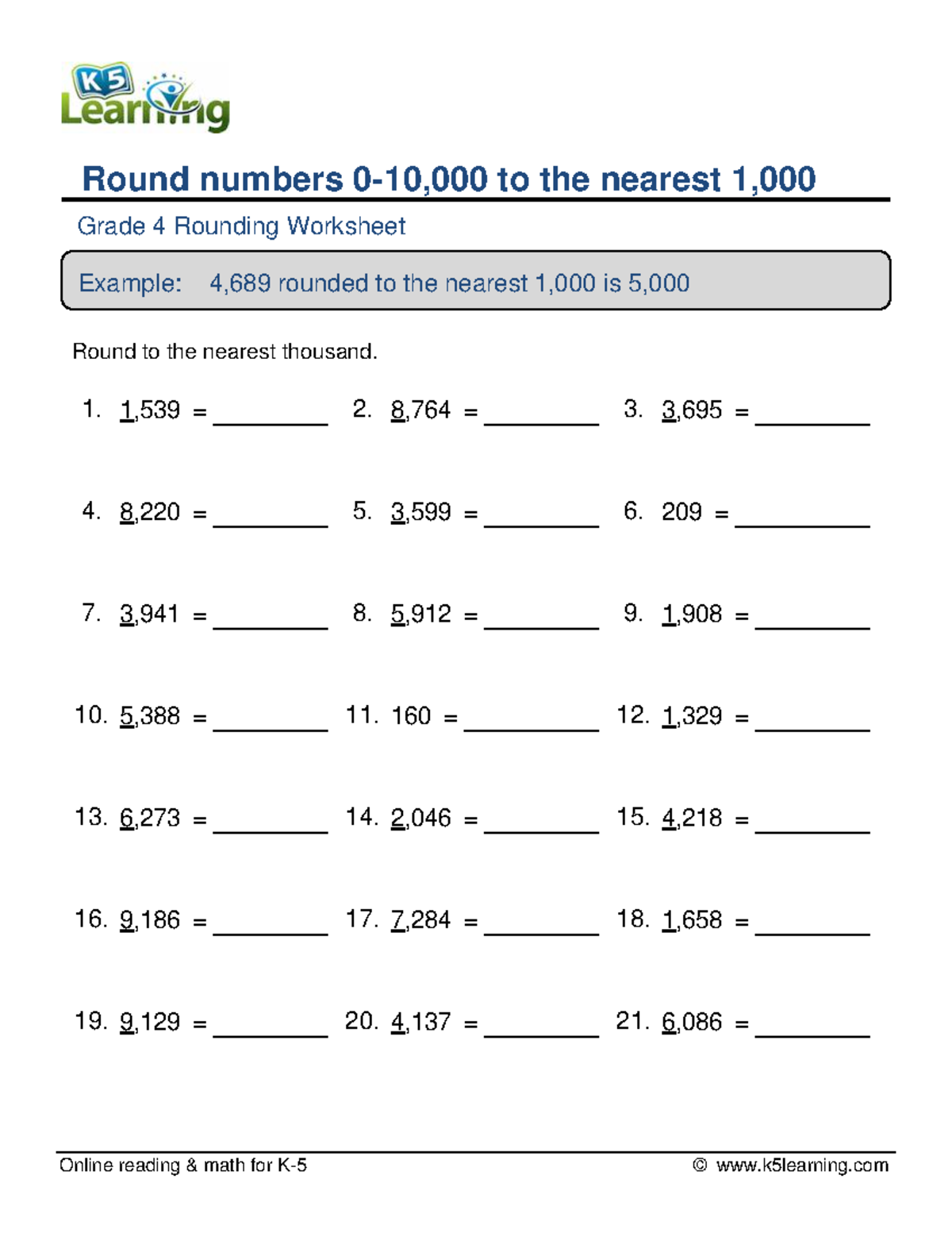 Grade 4 round 4 digit numbers nearest 1000 a - Online reading & math ...