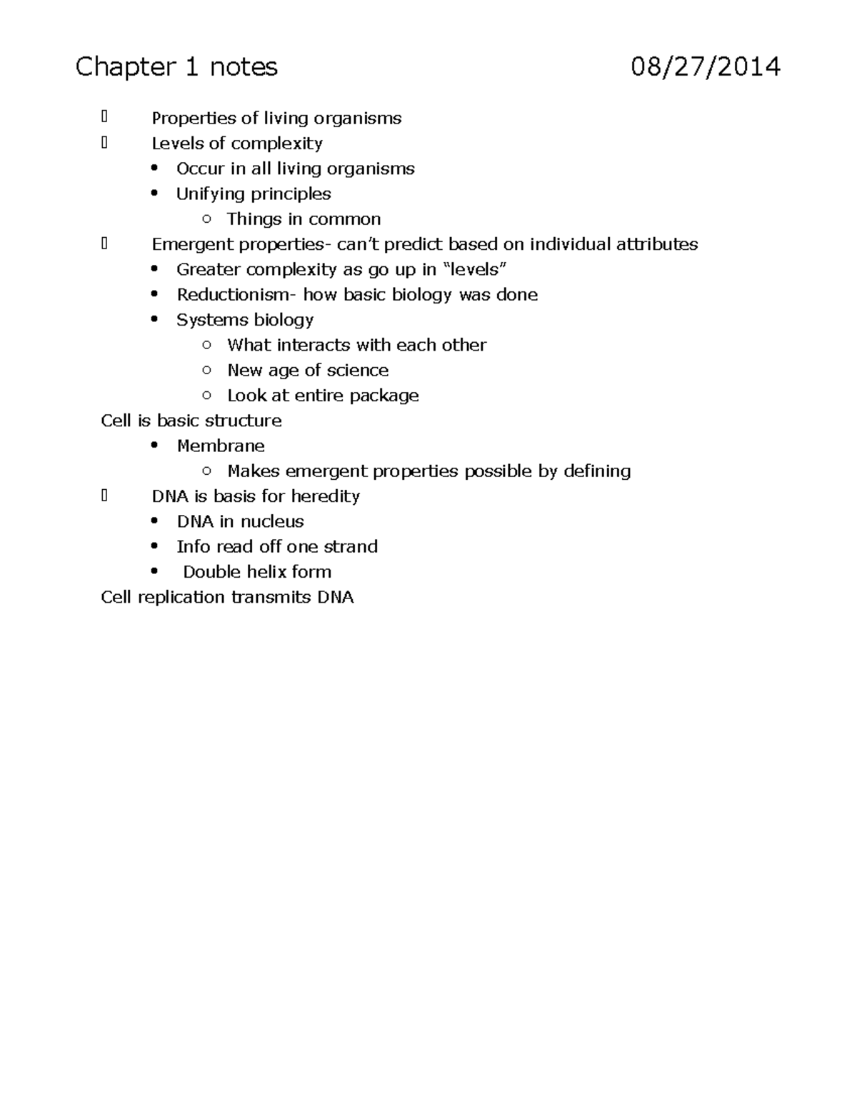 Life 120 Unit 1 notes - Chapter 1 notes 08/27/2014 Properties of living ...