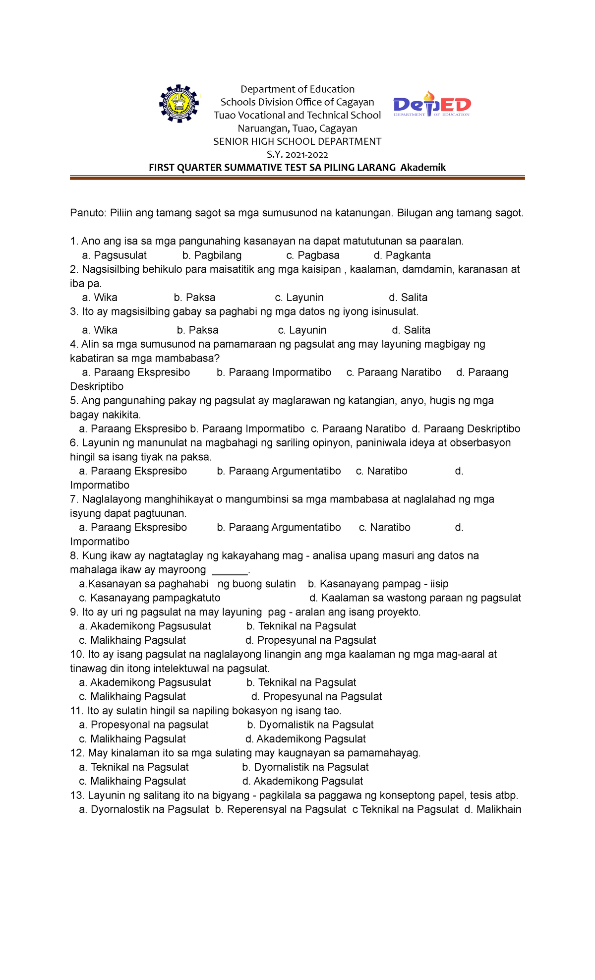 Akad summative week 1 8 piling larang - Department of Education Schools ...