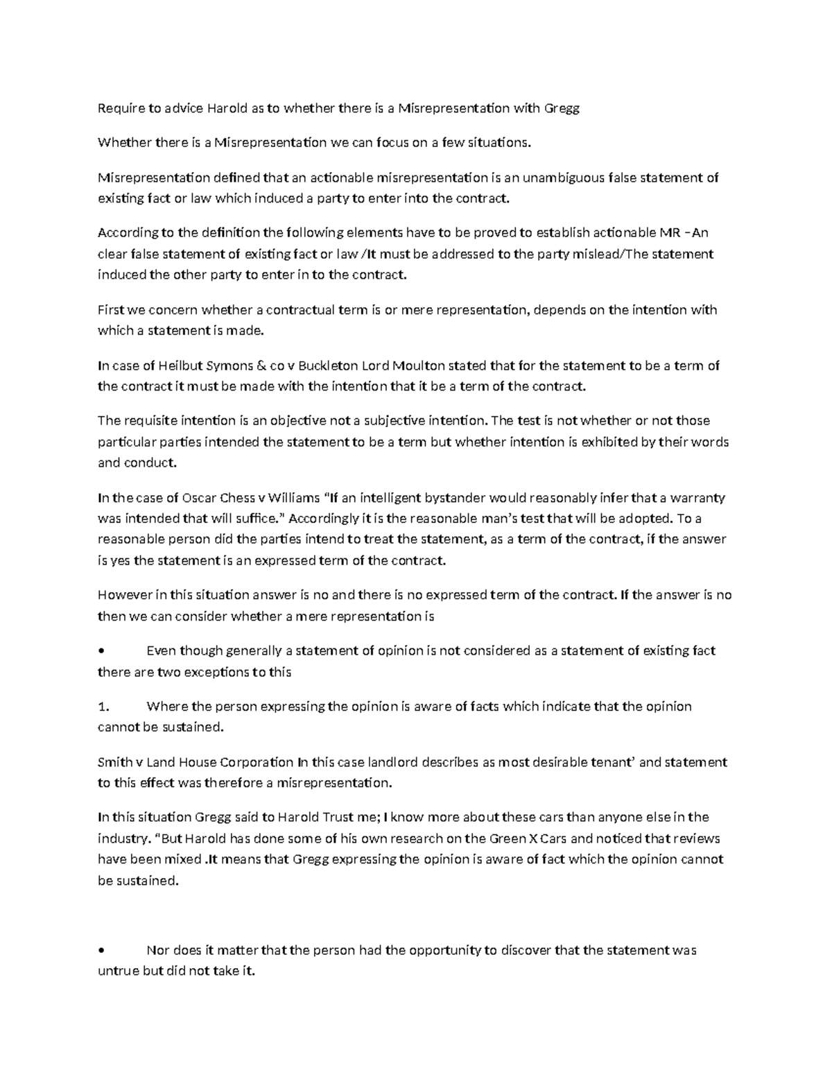 Misrepresentation - law - Require to advice Harold as to whether there ...