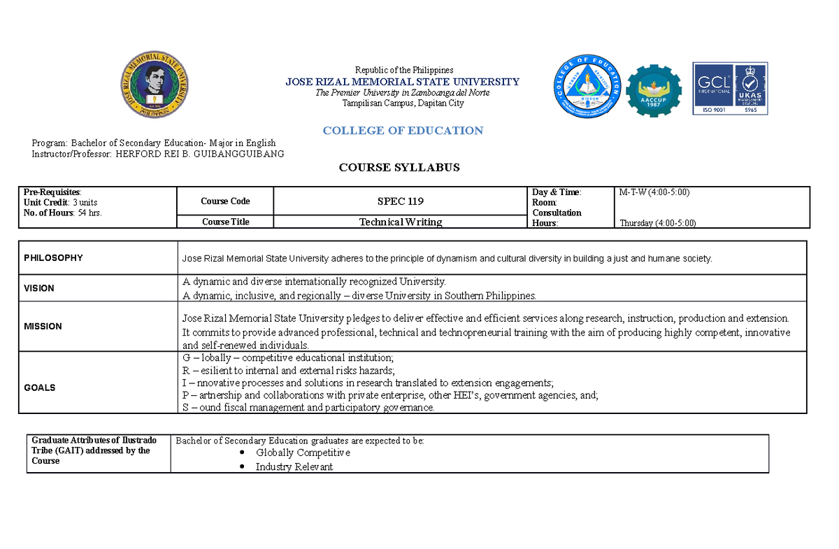 Modified Syllabus in Technical Writing - Republic of the Philippines ...