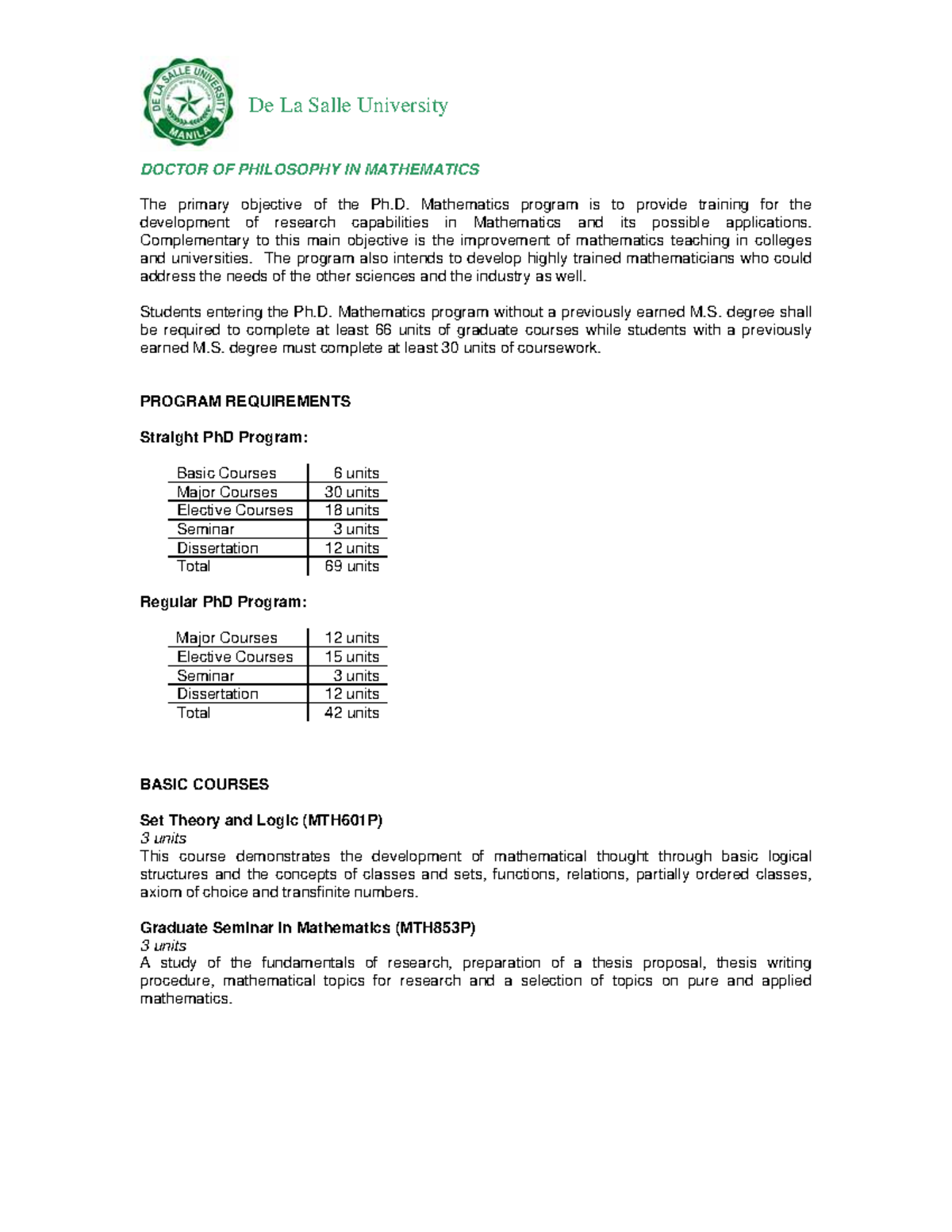 Straight Masters Doctoral Math DLSU - DOCTOR OF PHILOSOPHY IN ...