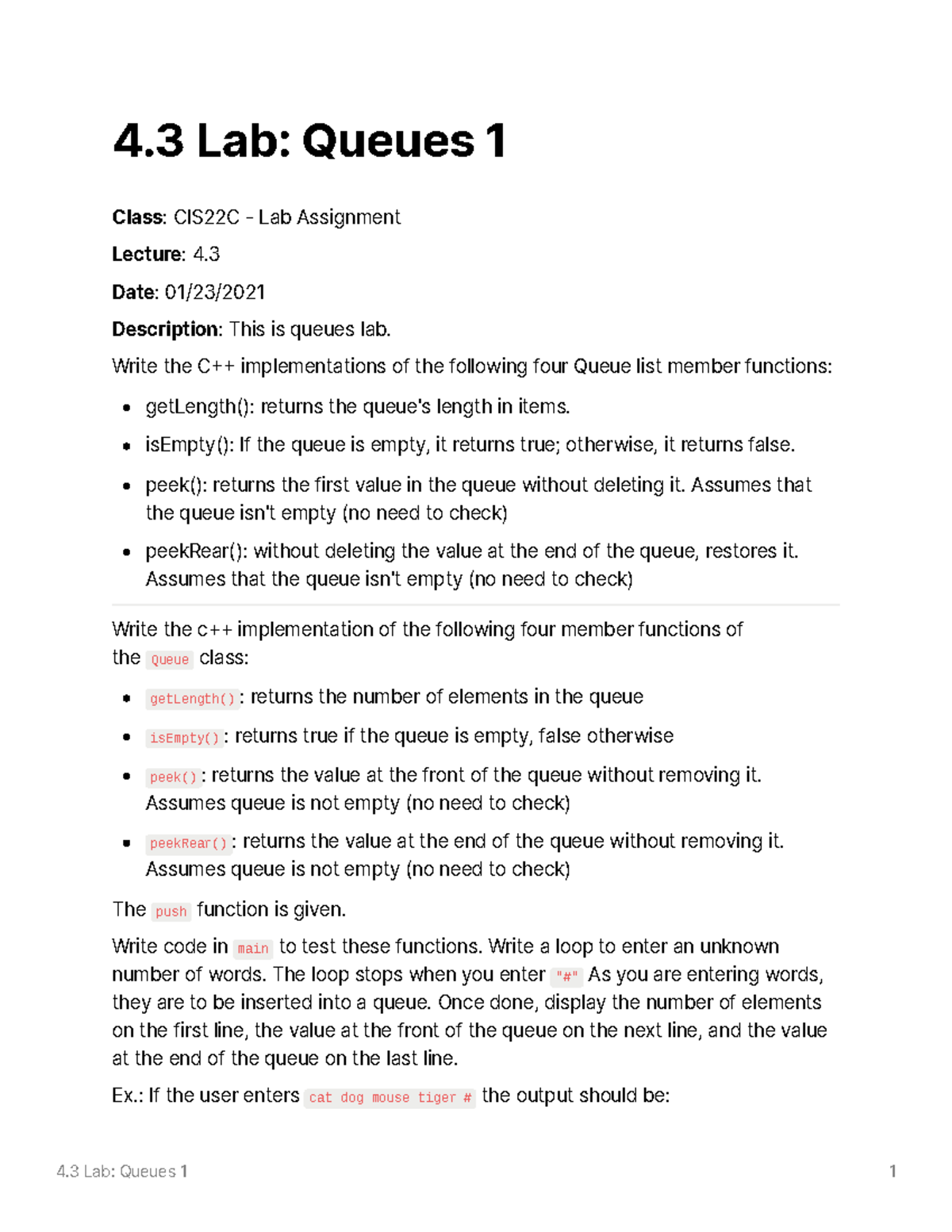 4.3 Lab: Queues 1 - 4 Lab: Queues 1 1 4 Lab: Queues 1 Class : CIS22C - Lab Assignment Lecture ...