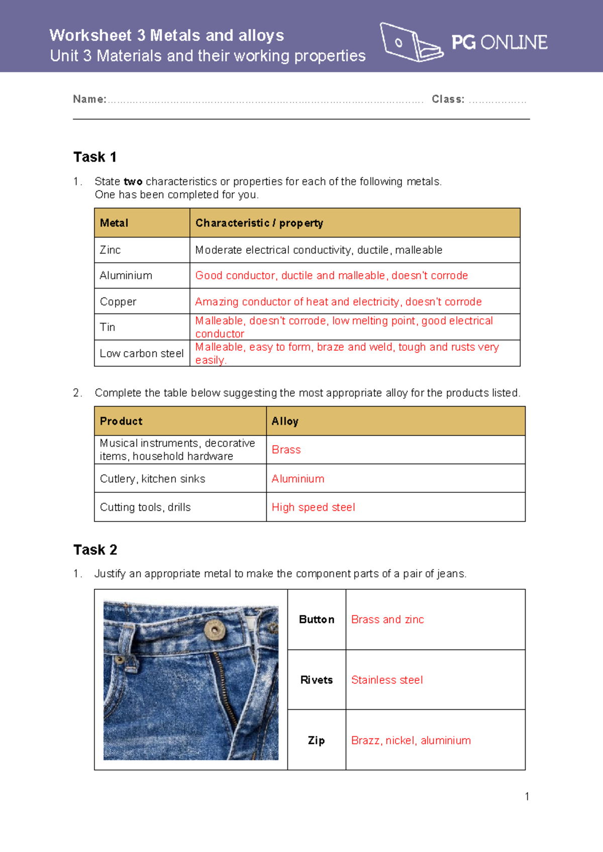 Metals DT - Worksheet 3 Metals and alloys Unit 3 Materials and their ...