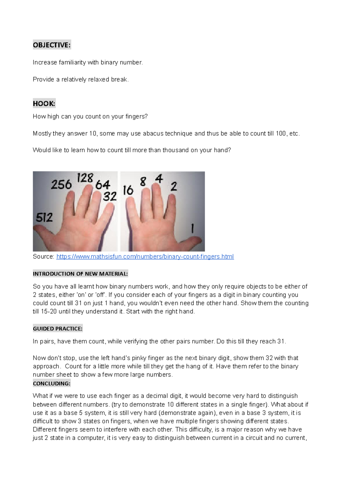 Counting on Finger Activity - OBJECTIVE: Increase familiarity with ...