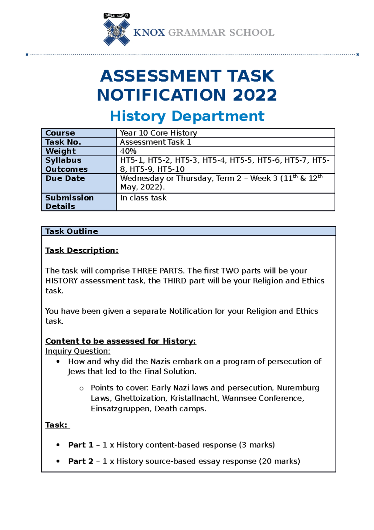 Year10Core History Assessment Task 12022-Notification - ASSESSMENT TASK ...