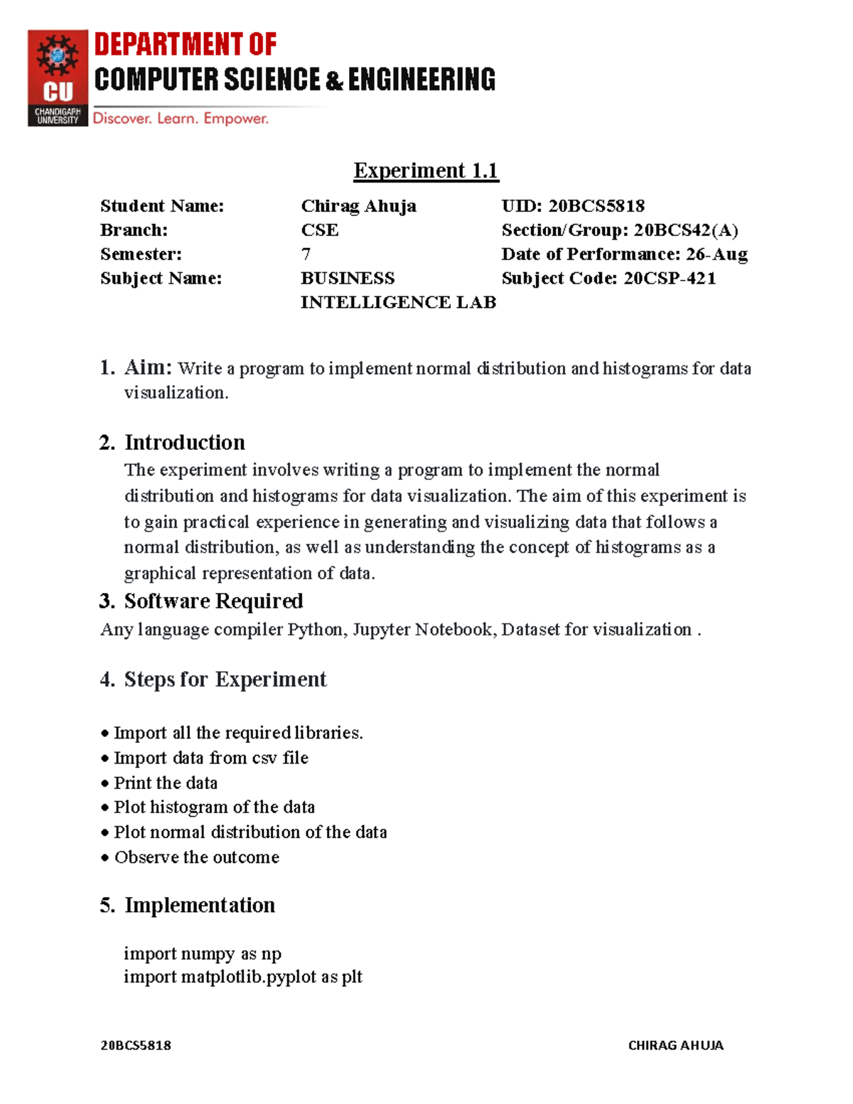 Chirag Bilab EXP1 - COMPUTER SCIENCE & ENGINEERING Experiment 1. Student Name: Chirag Ahuja UID ...